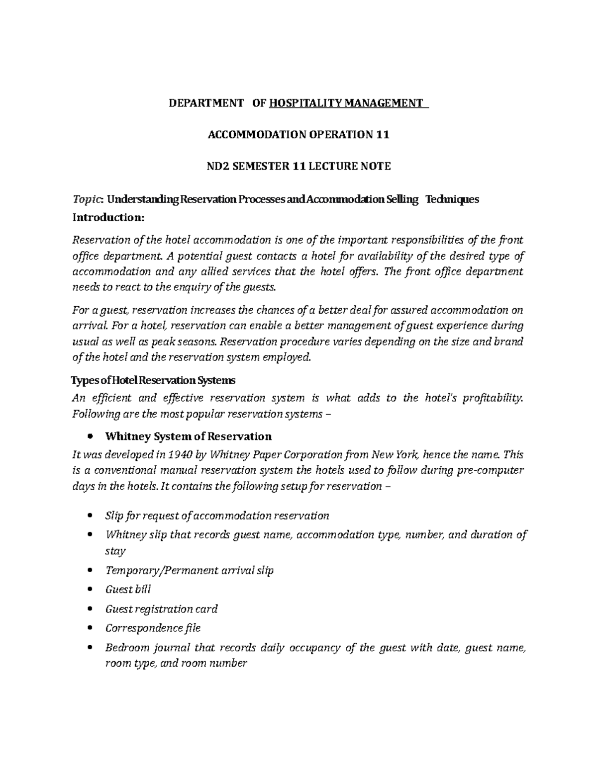 ND 11, Accommodation Operation Lecture NOTE ( Semester 11) - DEPARTMENT ...