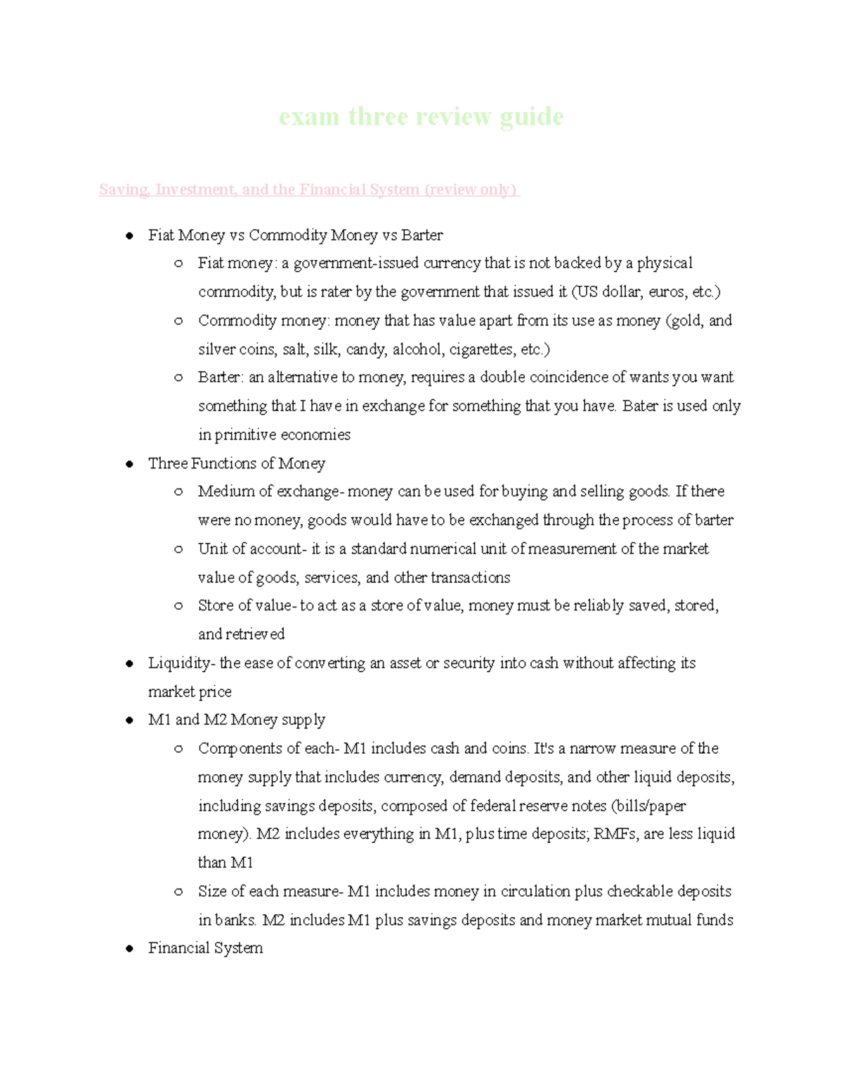 Exam 3 review notes - exam three review guide Saving, Investment, and ...