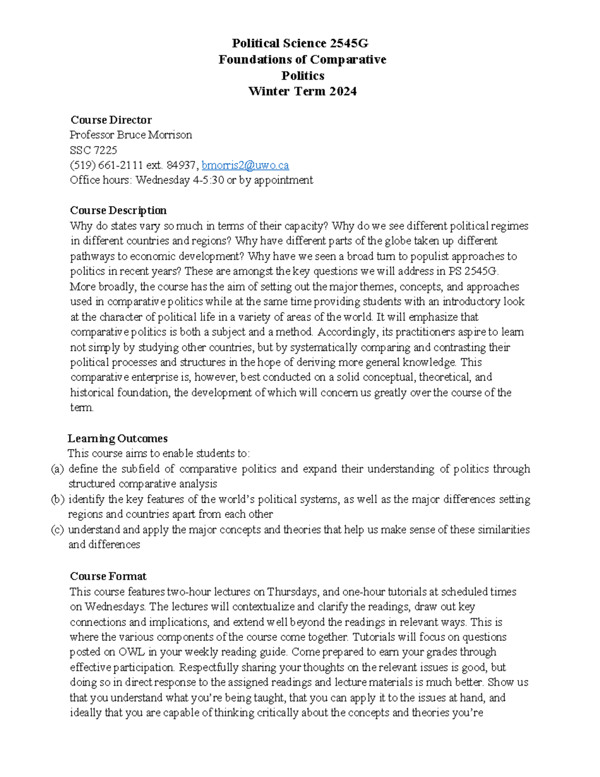 Comparative Politics 2545G 2024 Final Version - Political Science 2545G Foundations of ...