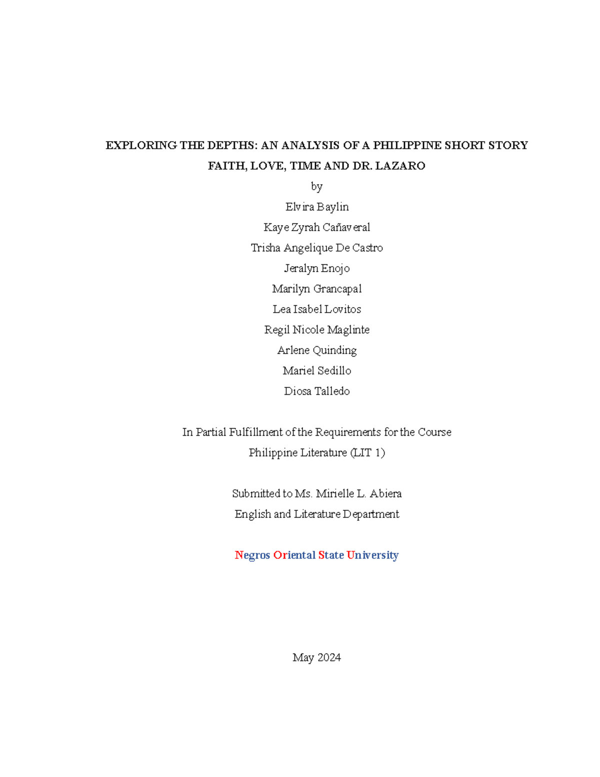LIT 1 Research Paper - EXPLORING THE DEPTHS: AN ANALYSIS OF A ...