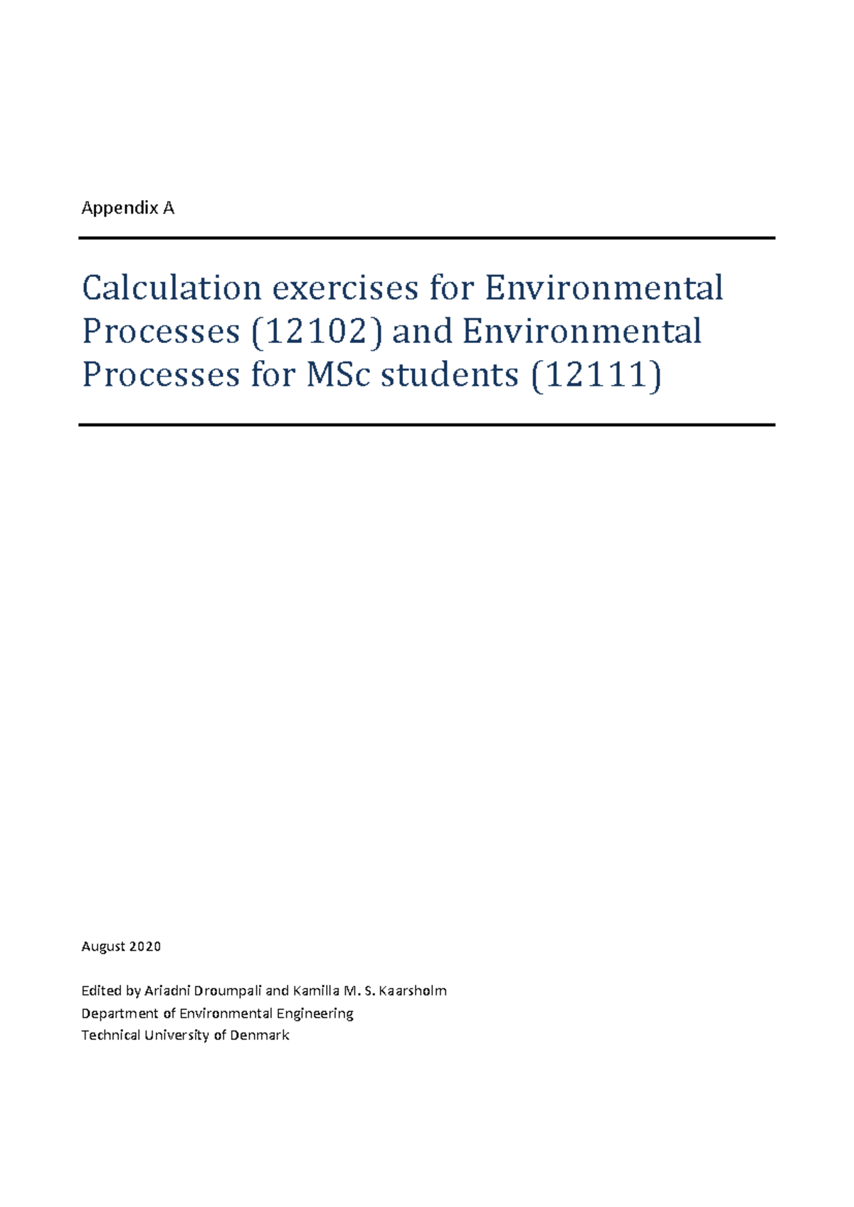 Appendix A - cal exercise collection - Appendix A Calculation exercises for Environmental ...
