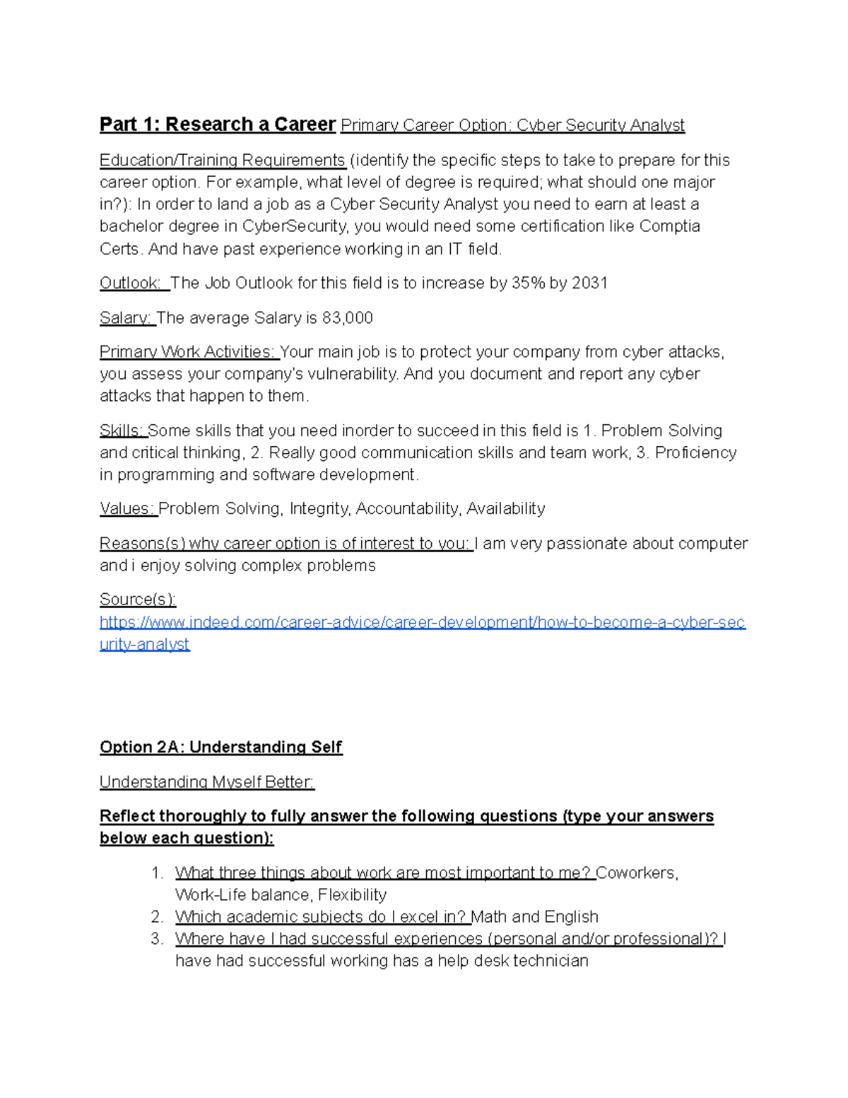 Career Research - Part 1: Research a Career Primary Career Option ...