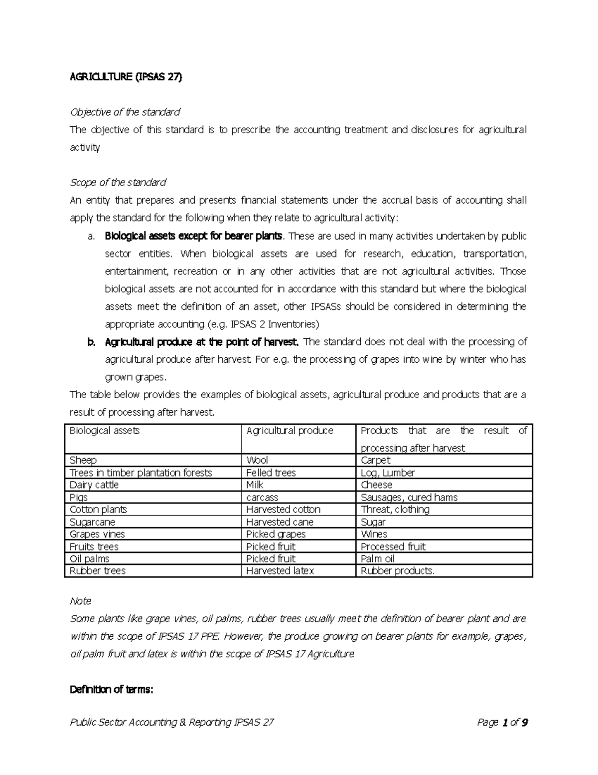 Ipsas 27 Agriculture - AGRICULTURE (IPSAS 27 ) Objective of the standard The objective of this ...