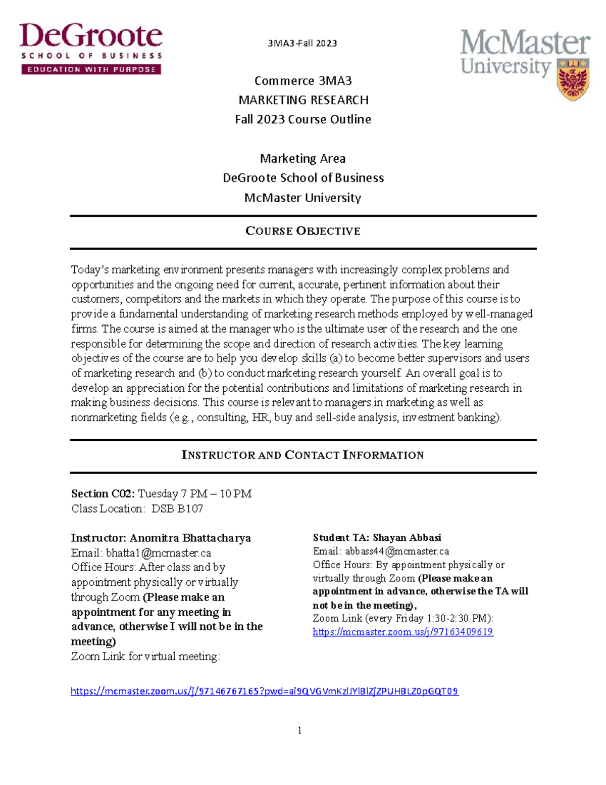 Course outline 3MA3 Fall 2023 C02 - Commerce 3MA MARKETING RESEARCH ...