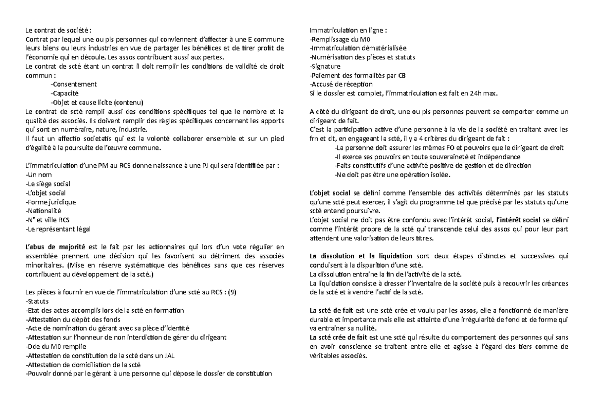 Fiche SARL - Résumé UE2 - Droit des sociétés - Le contrat de société ...