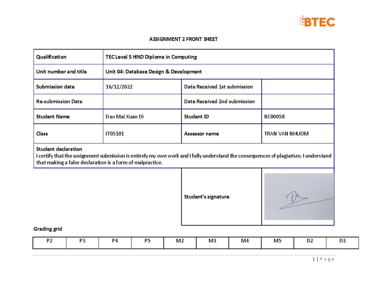 Assignment 2 didmxbc 00058 - ASSIGNMENT 2 FRONT SHEET Qualification TEC Level 5 HND Diploma in ...