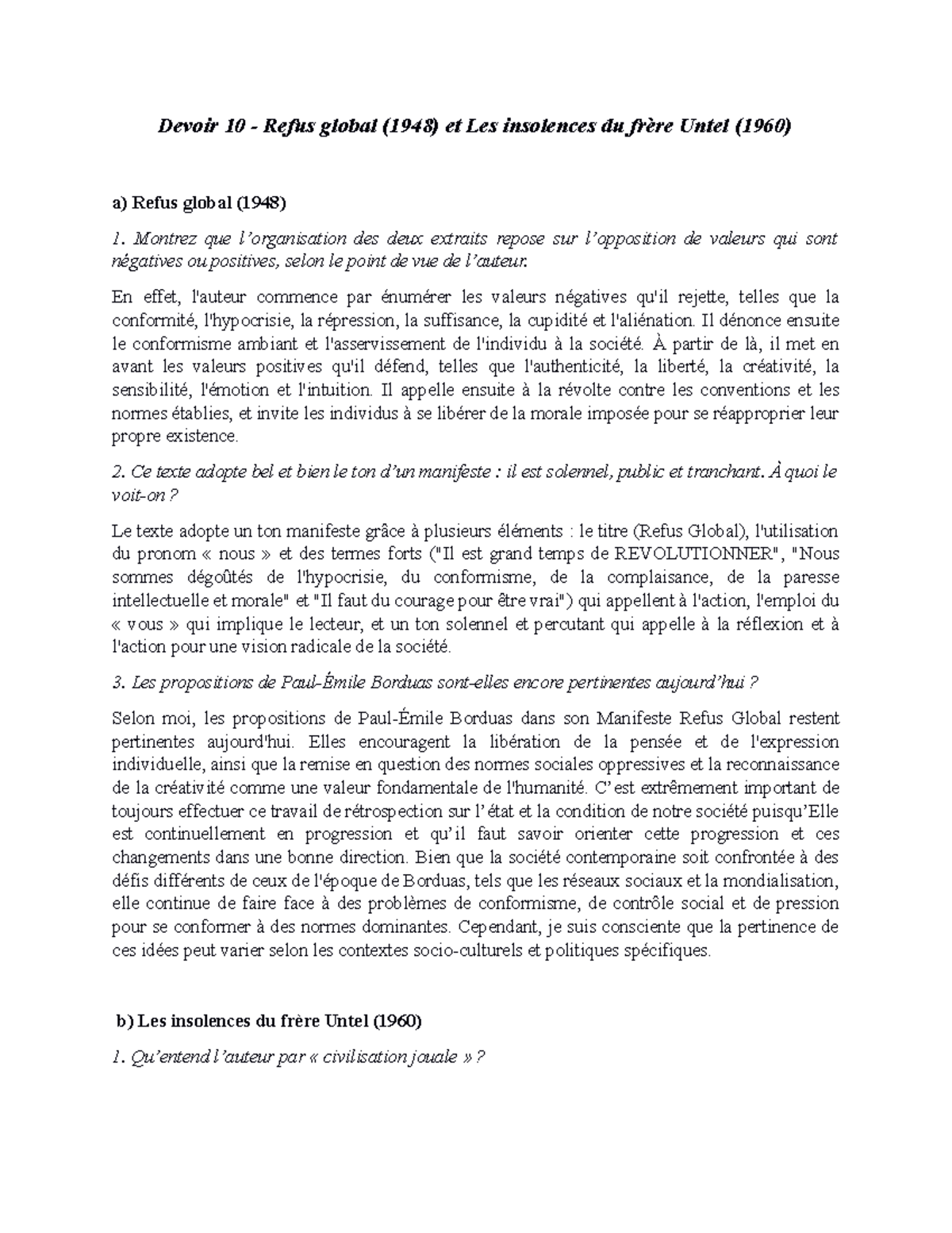 Devoir 10 - Devoir 10 - Refus global (1948) et Les insolences du frère ...