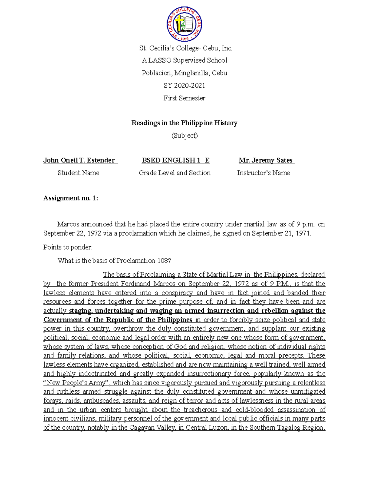 Assignment, RPH- Midterm. This is all about the Martial law powers ...