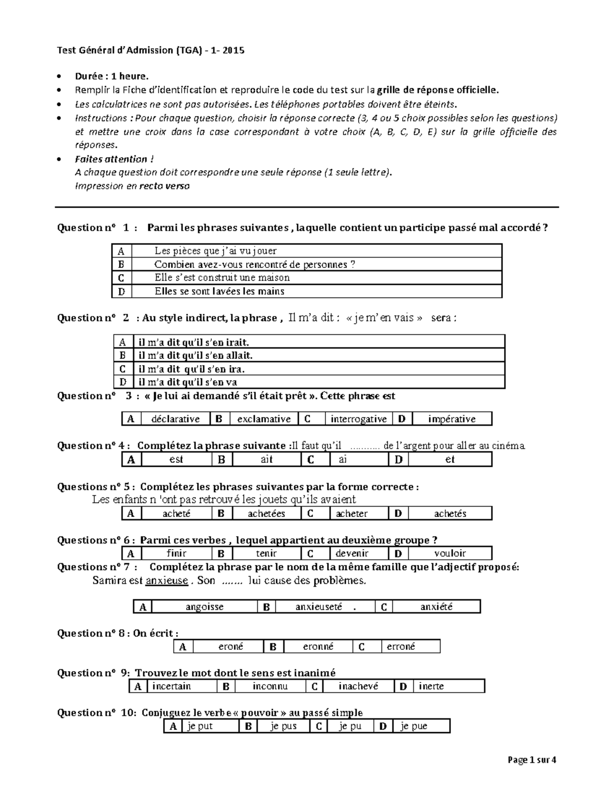 Concours d entree epsa iav 2015 test general d admission - Test Général ...