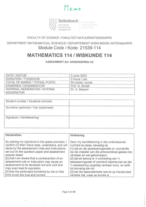 A2 2022 Memo - Past papers - INSTRUCTIONS: INSTRUKSIES: This paper ...
