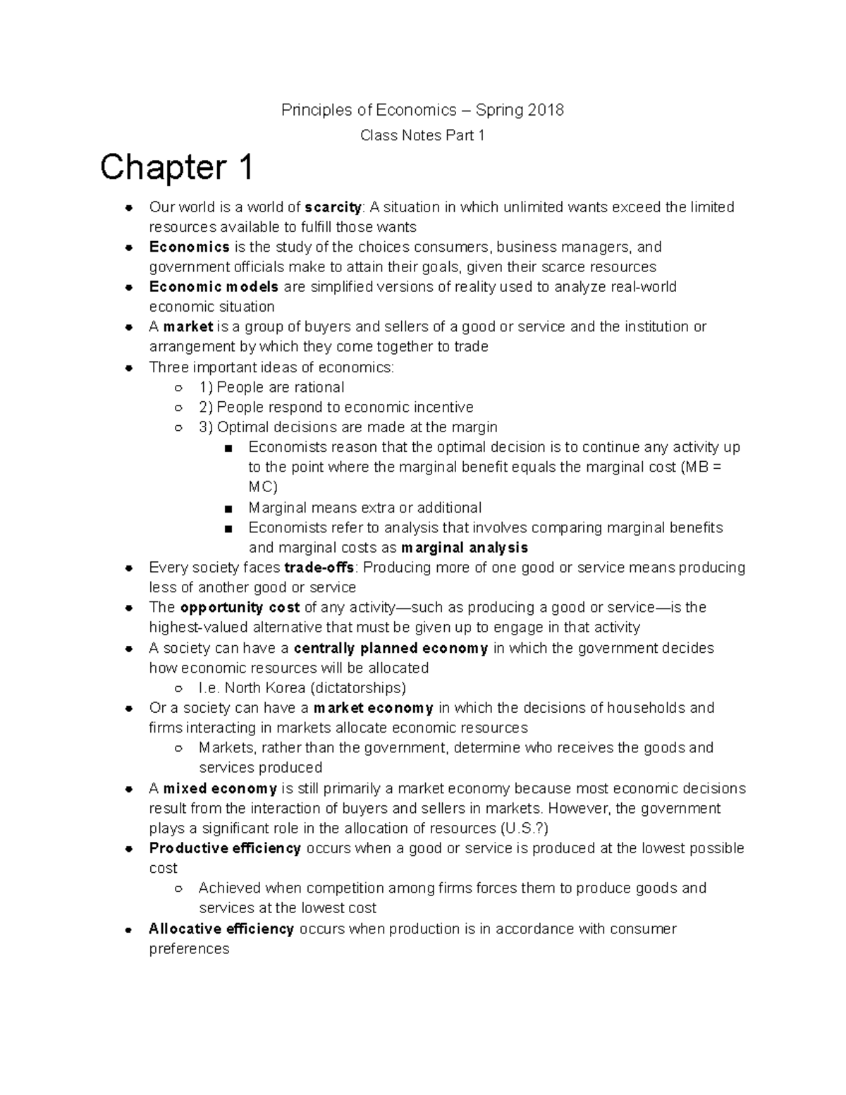 Main Notes - Principles of Economics – Spring 2018 Class Notes Part 1 ...