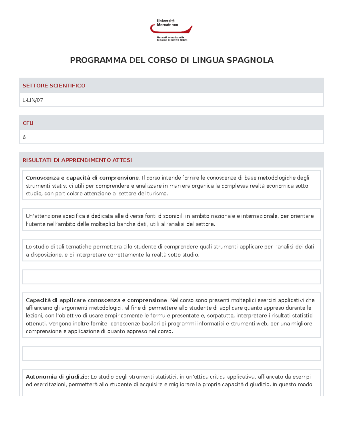 Programma-0151506 LLIN07 - PROGRAMMA DEL CORSO DI LINGUA SPAGNOLA ...