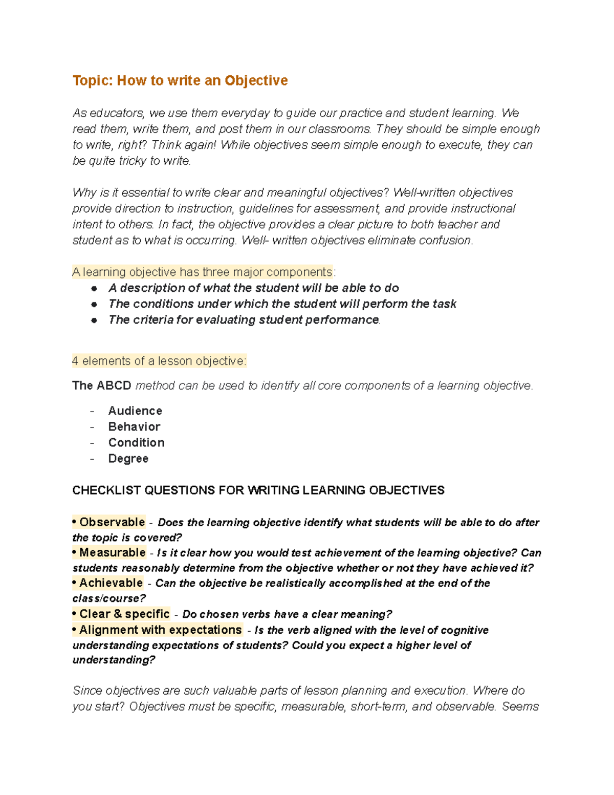 Objectives How To Write An Objective For Lesson Plan Characteristics
