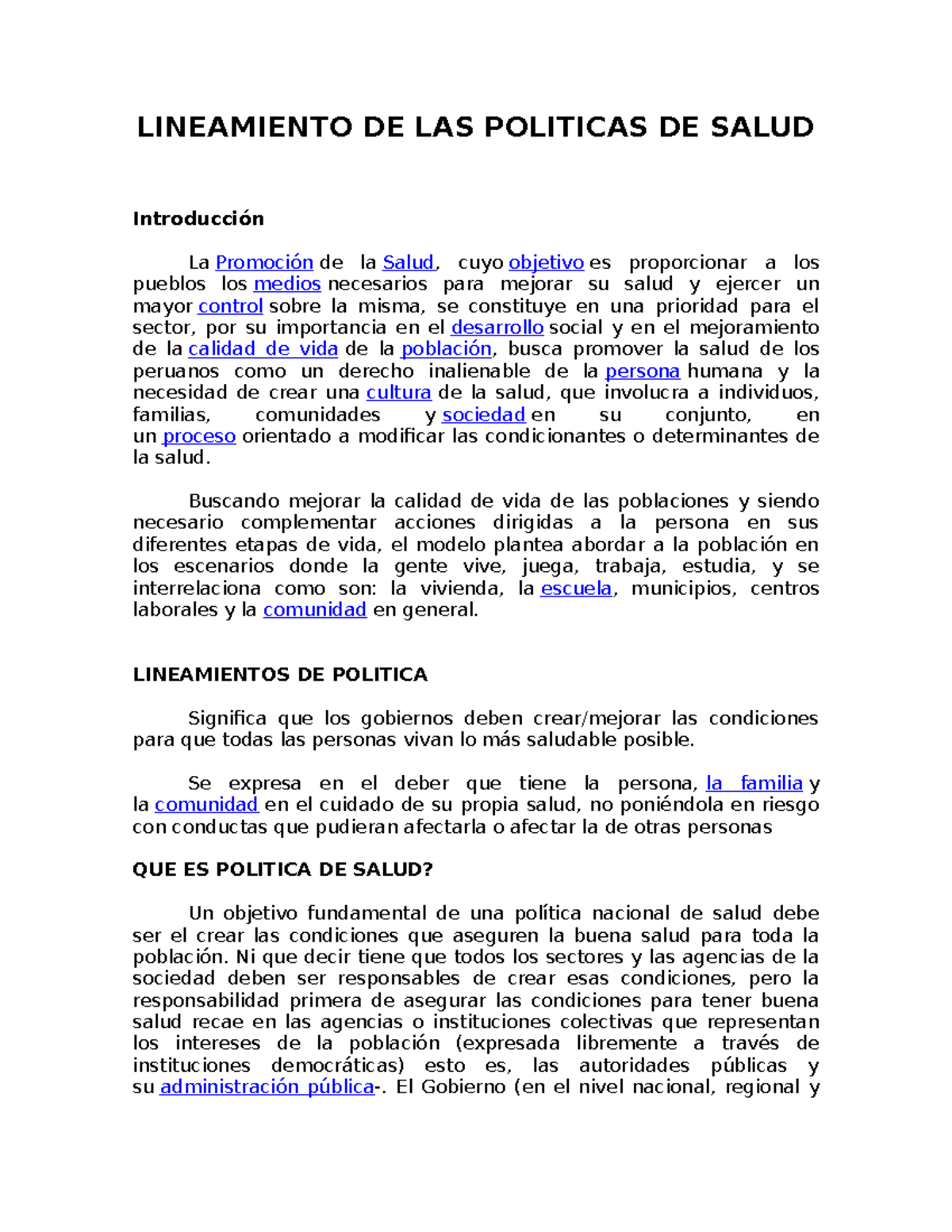 Lineamientos DE Politicas DEL Sector Salud - LINEAMIENTO DE LAS POLITICAS DE SALUD Introducción ...