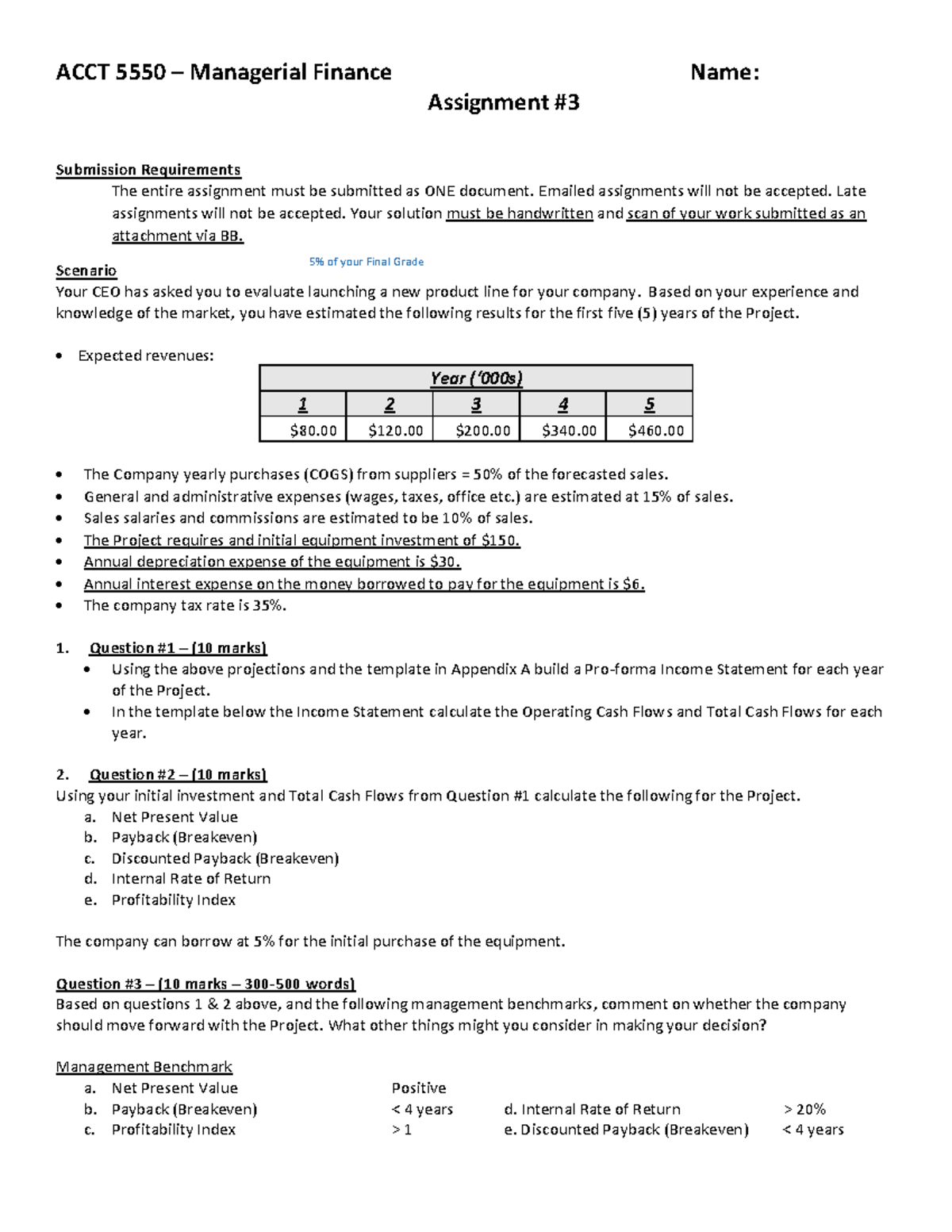 Assignment #3.docx - ACCT 5550 – Managerial Finance Name: Assignment # 3 5% of your Final Grade ...