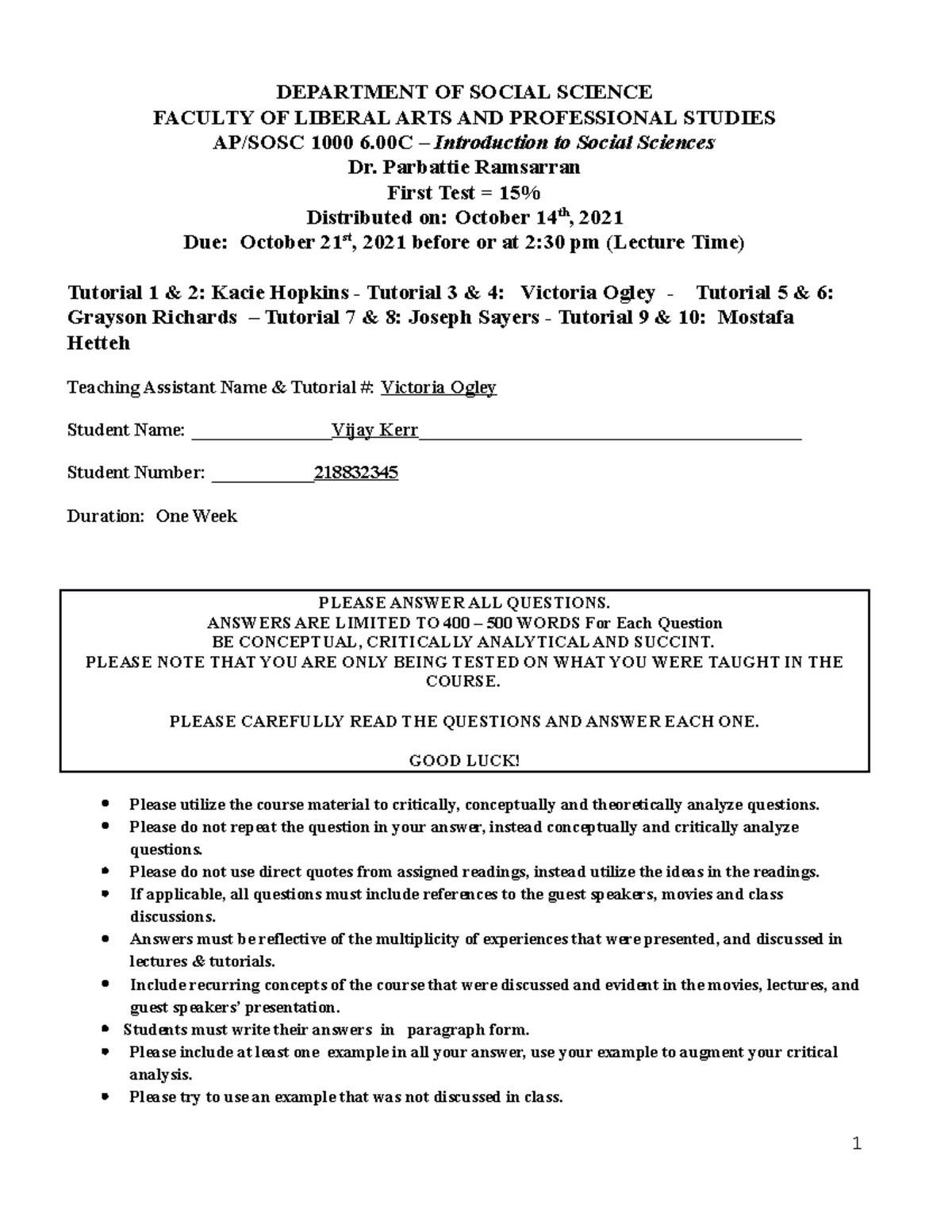 Vijay K SOSC 1000 C Tutorial 4 1st Test - October 14th - Studocu