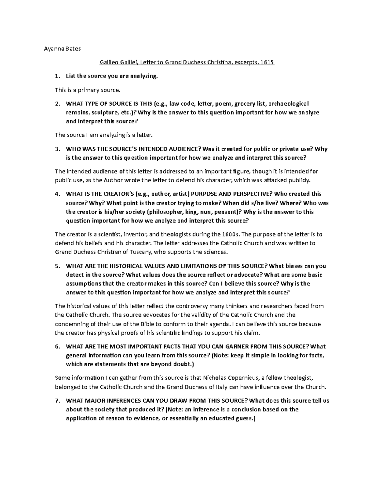 June 10th- Analysis Assignment - Ayanna Bates Galileo Galilei, Letter ...