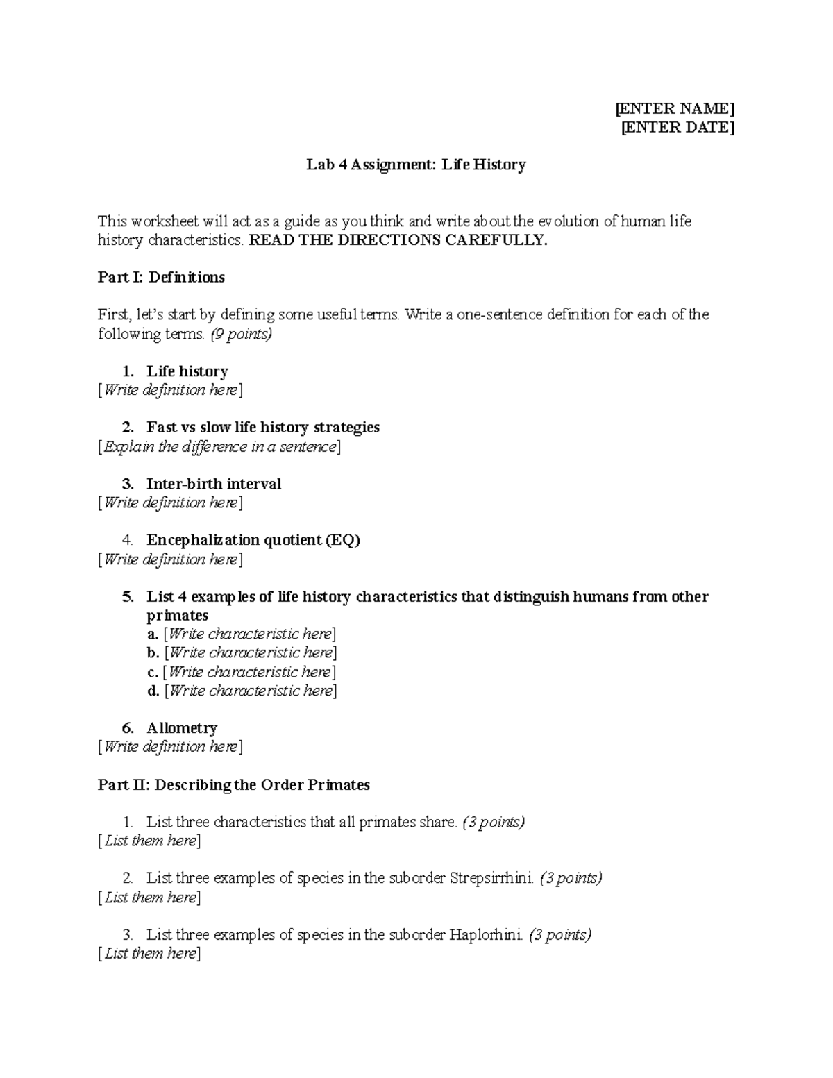 Lab 4 Assignment - Life History - [ENTER NAME] [ENTER DATE] Lab 4 ...