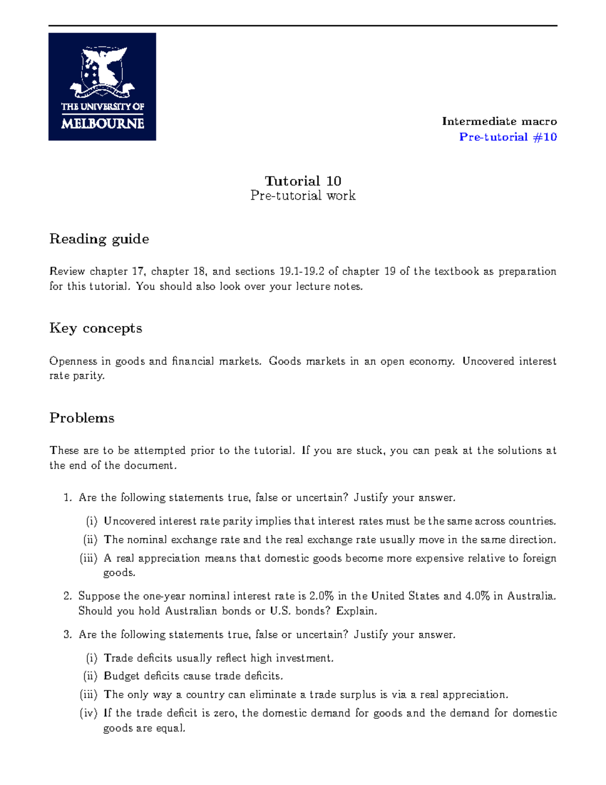 Pre-Tutorial 10 with Solutions - Intermediate macro Pre-tutorial ...