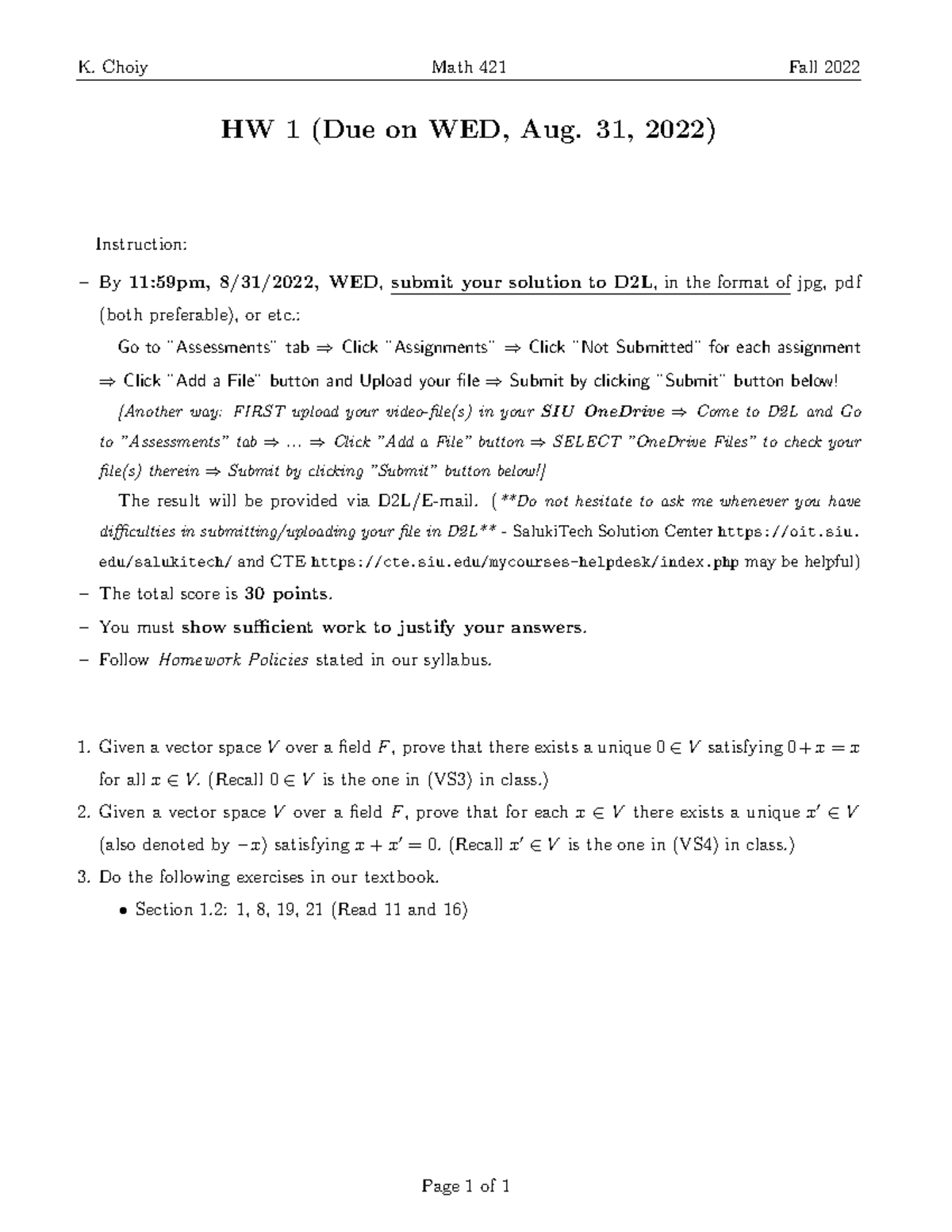 421 s22 HW 1 - First homework assignment. - K. Choiy Math 421 Fall 2022 ...
