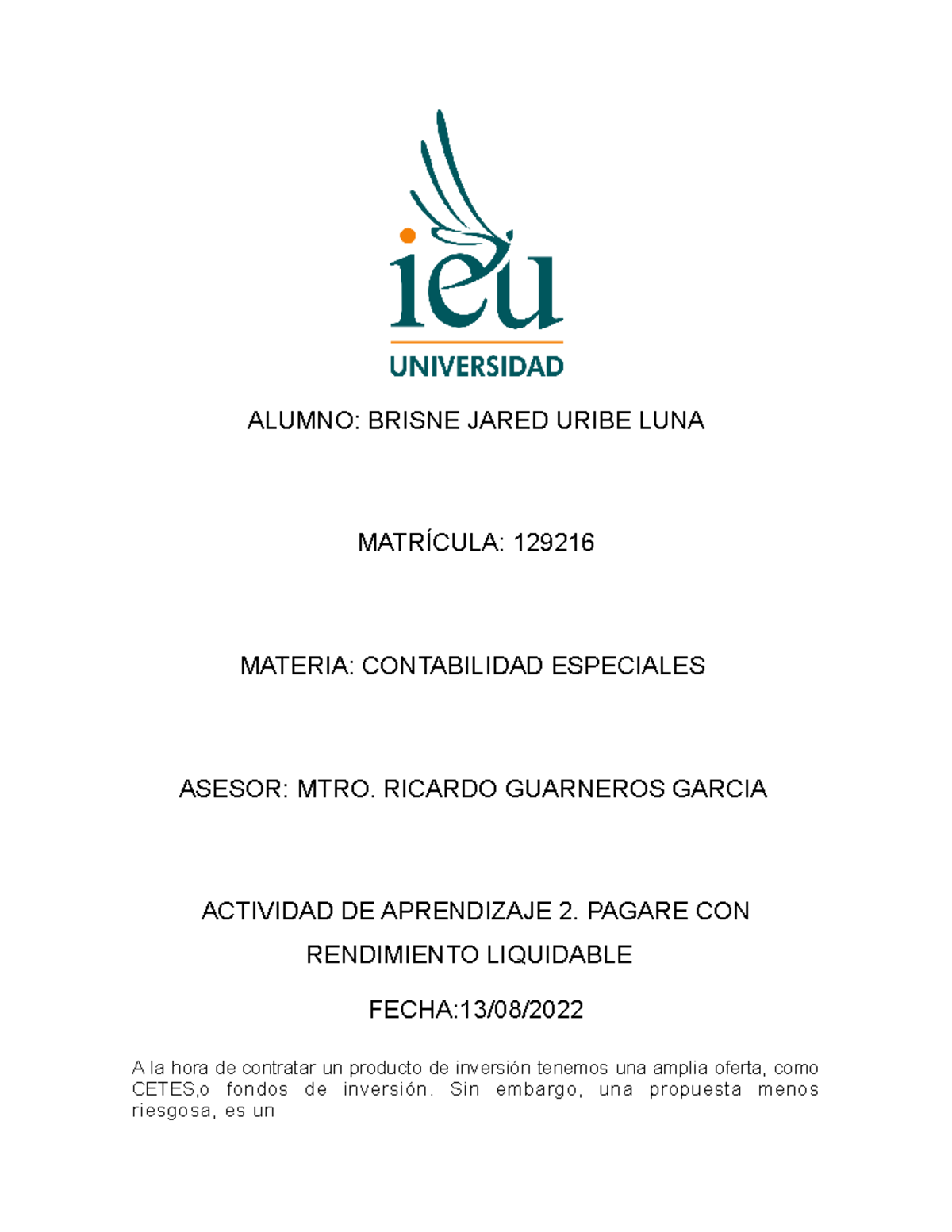 A la hora de - tarea - ALUMNO: BRISNE JARED URIBE LUNA MATRÍCULA ...