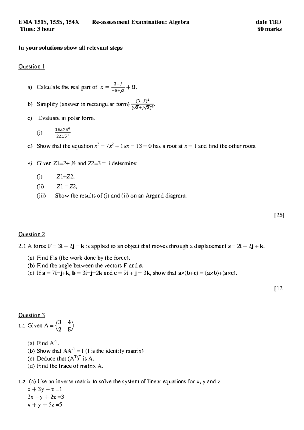 FISA RE- Assessment ( Algebra) 2023 - EMA 151S, 155S, 154X Re-assessment Examination: Algebra ...