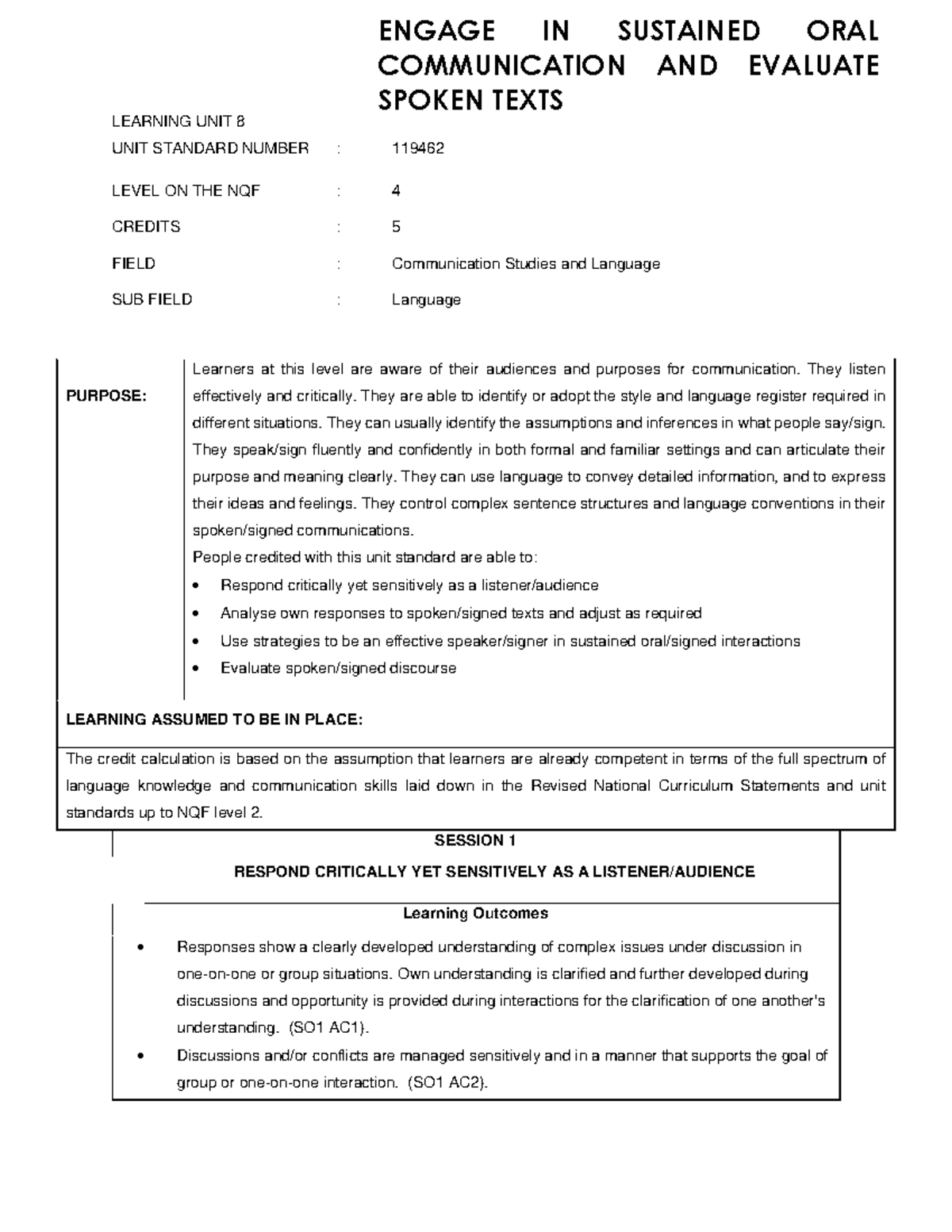 Engage IN Sustained ORAL Communication AND Evaluate Spoken Texts ...