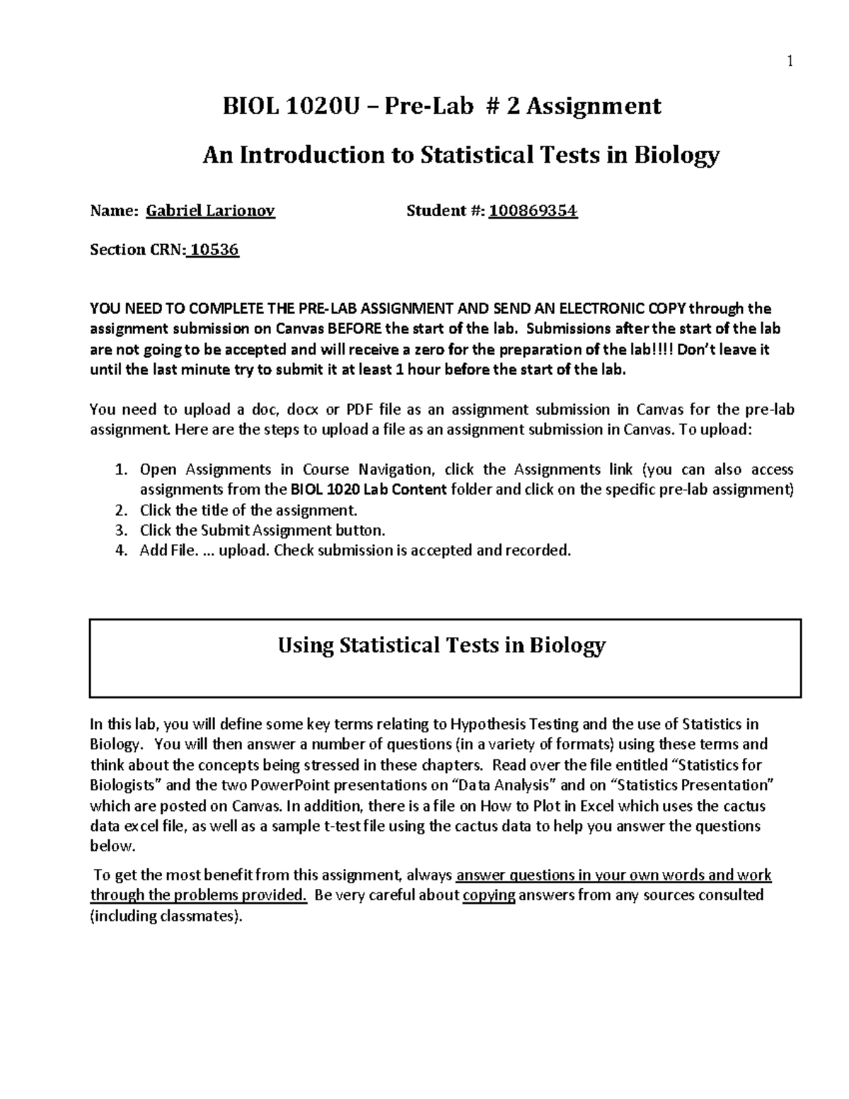Lab 2 Pre-lab Assignment 2023 - BIOL 1020U – Pre-Lab # 2 Assignment An Introduction to ...