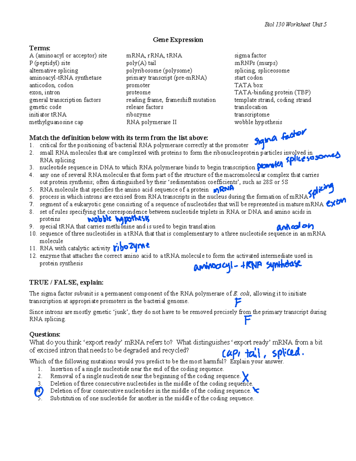 Worksheet Unit 5 - Gene Expression - Biol 130 Worksheet Unit 5 Gene ...