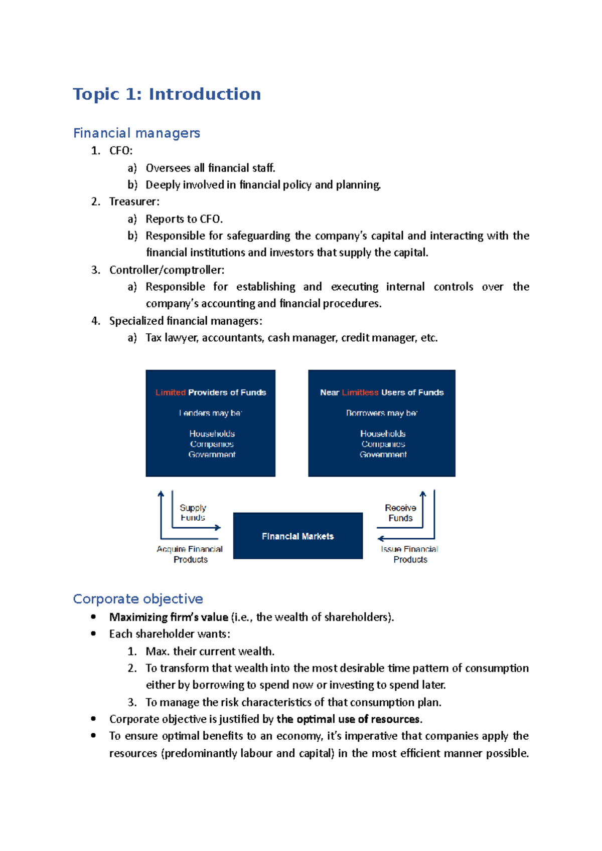 FINC2011 notes - Topic 1: Introduction Financial managers 1. CFO: a ...