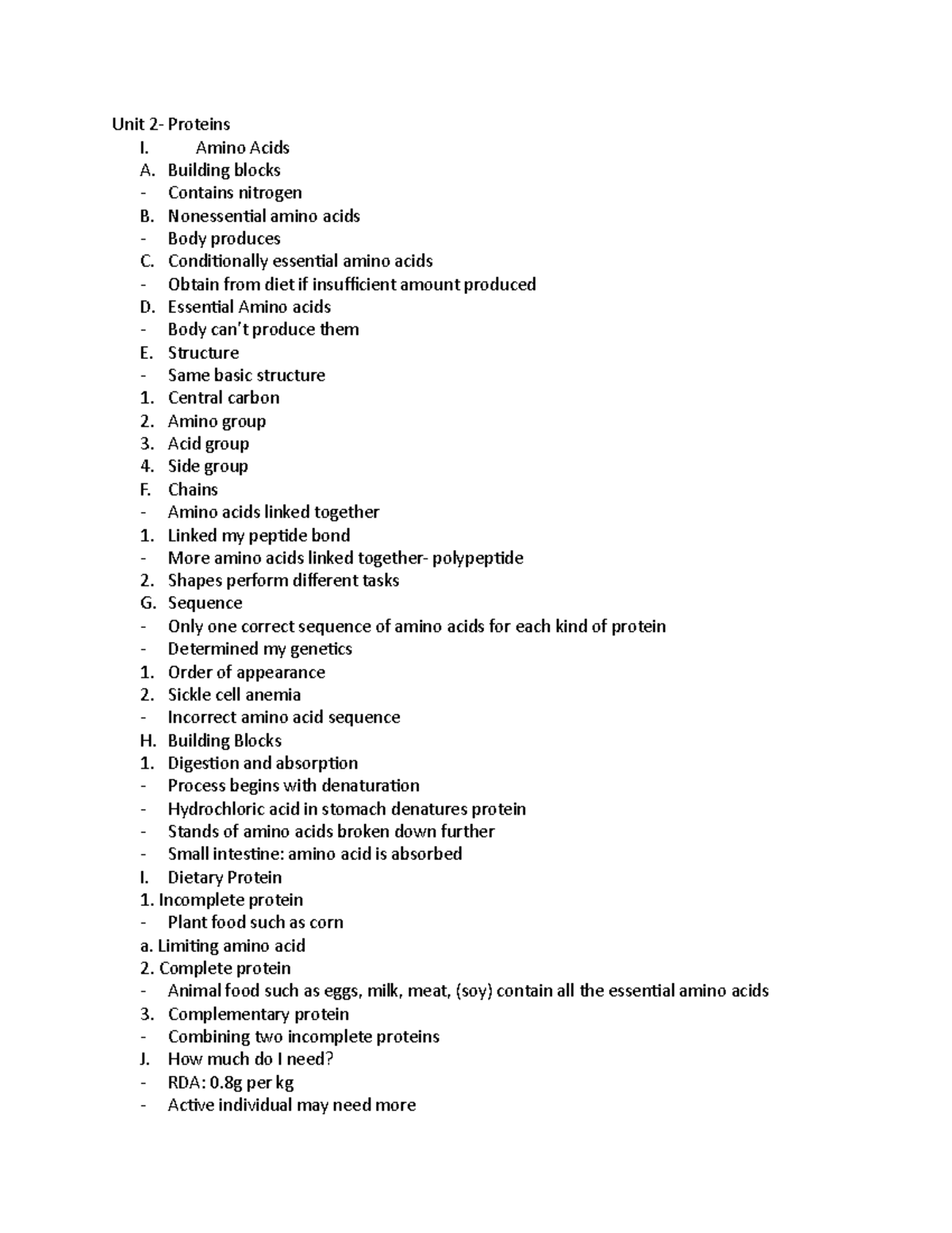 Unit 2- Proteins - notes - Unit 2- Proteins I. Amino Acids A. Building ...