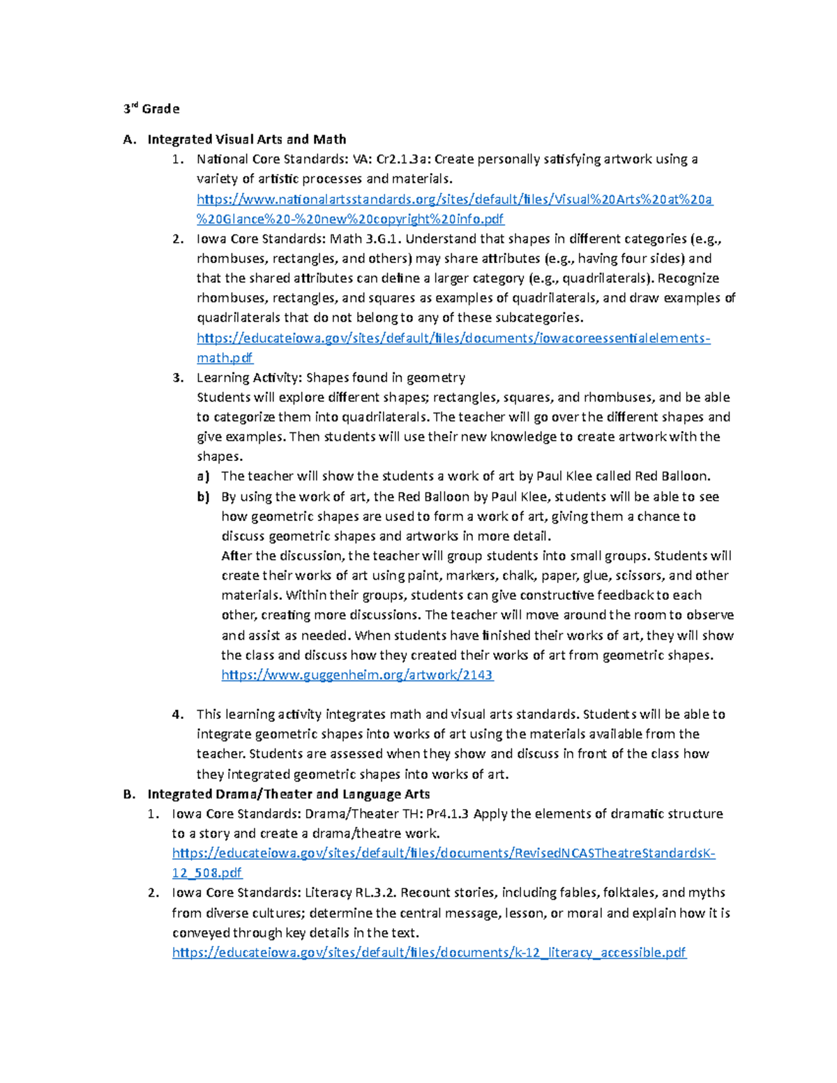 Visual arts - Task 1 - 3 rd Grade A. Integrated Visual Arts and Math 1 ...