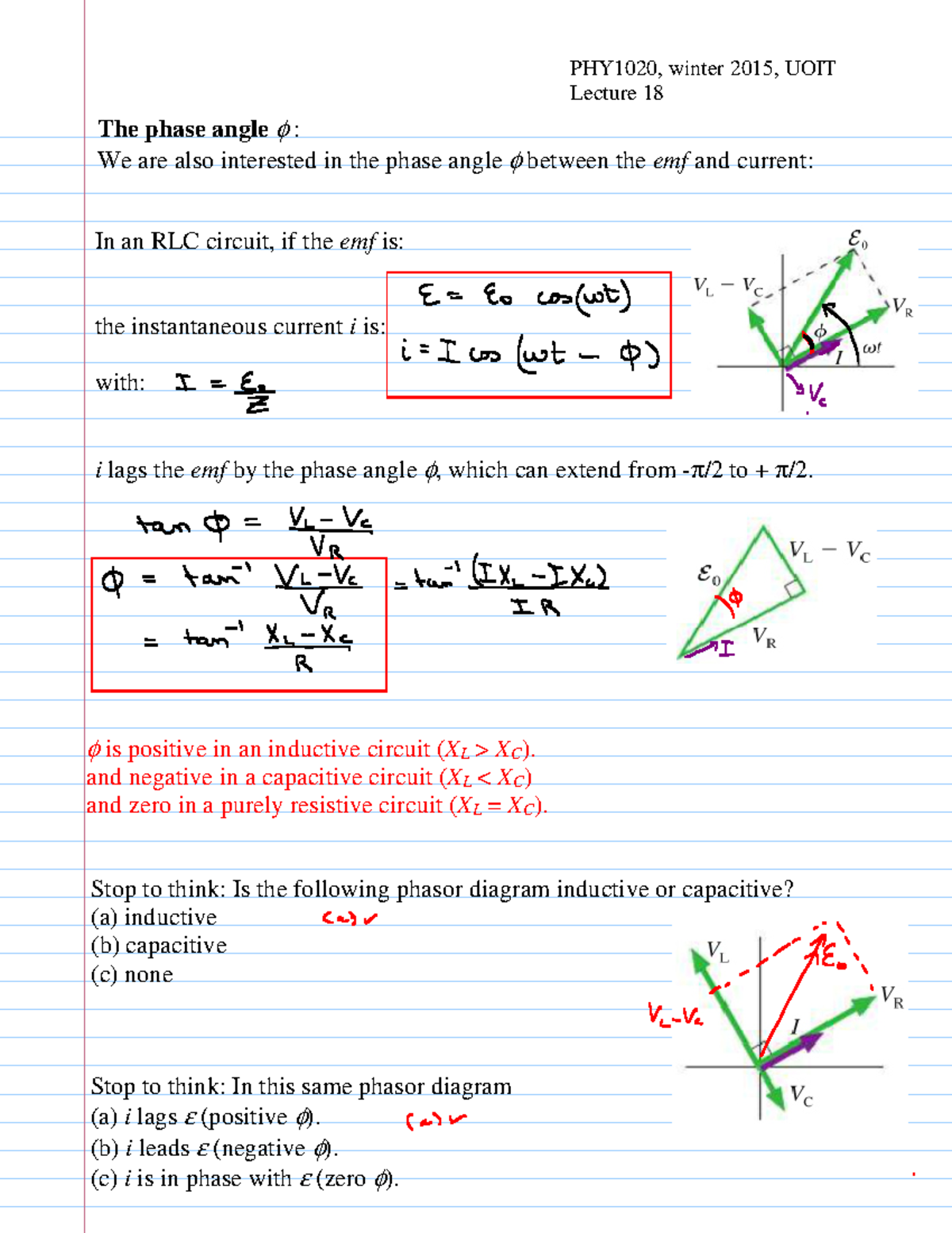 L18 - PHY1020U - Winter 2016 - The phase angle φ : We are also ...