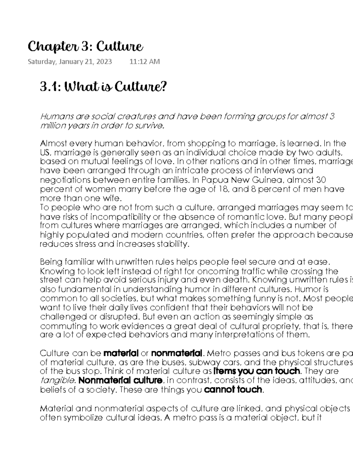 Chapter 3: Culture - 3: What is Culture? Humans are social creatures ...