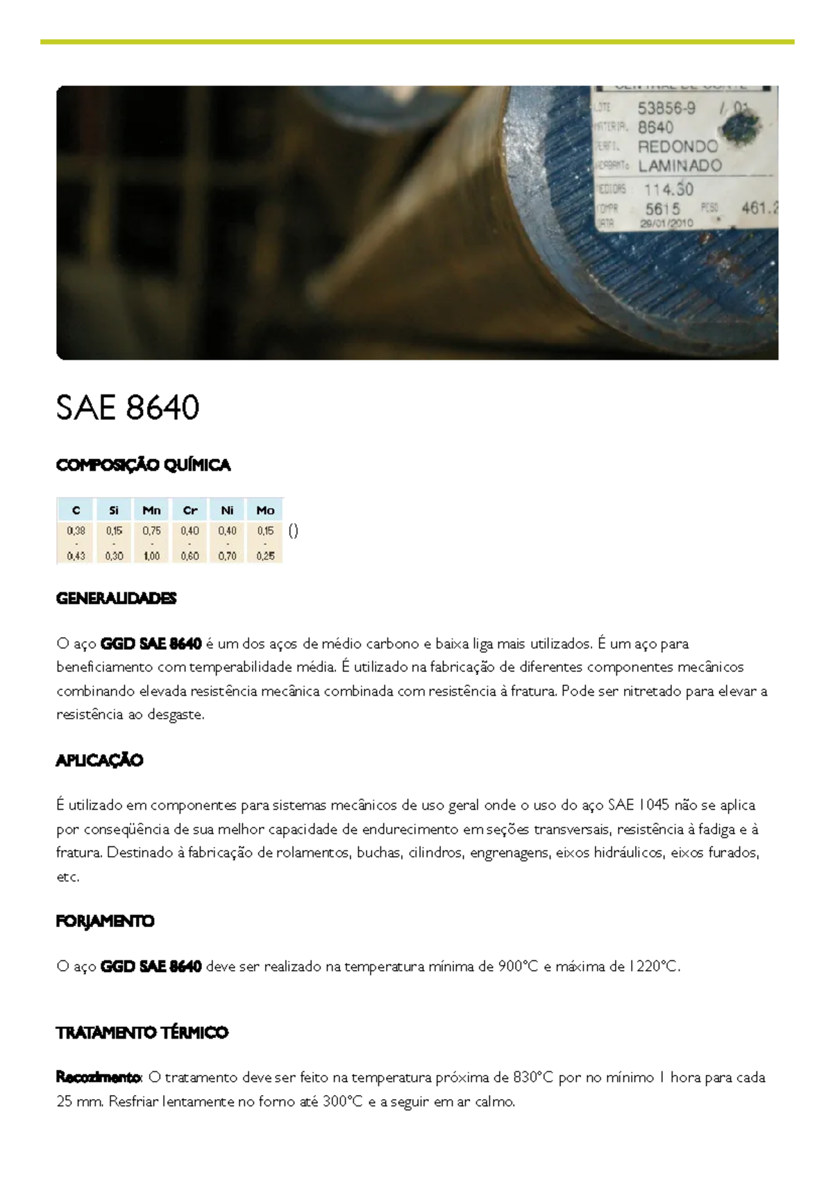 SAE 8640 - Propriedades Mecânicas - SAE 8640 COMPOSIÇÃO QUÍMICA ...