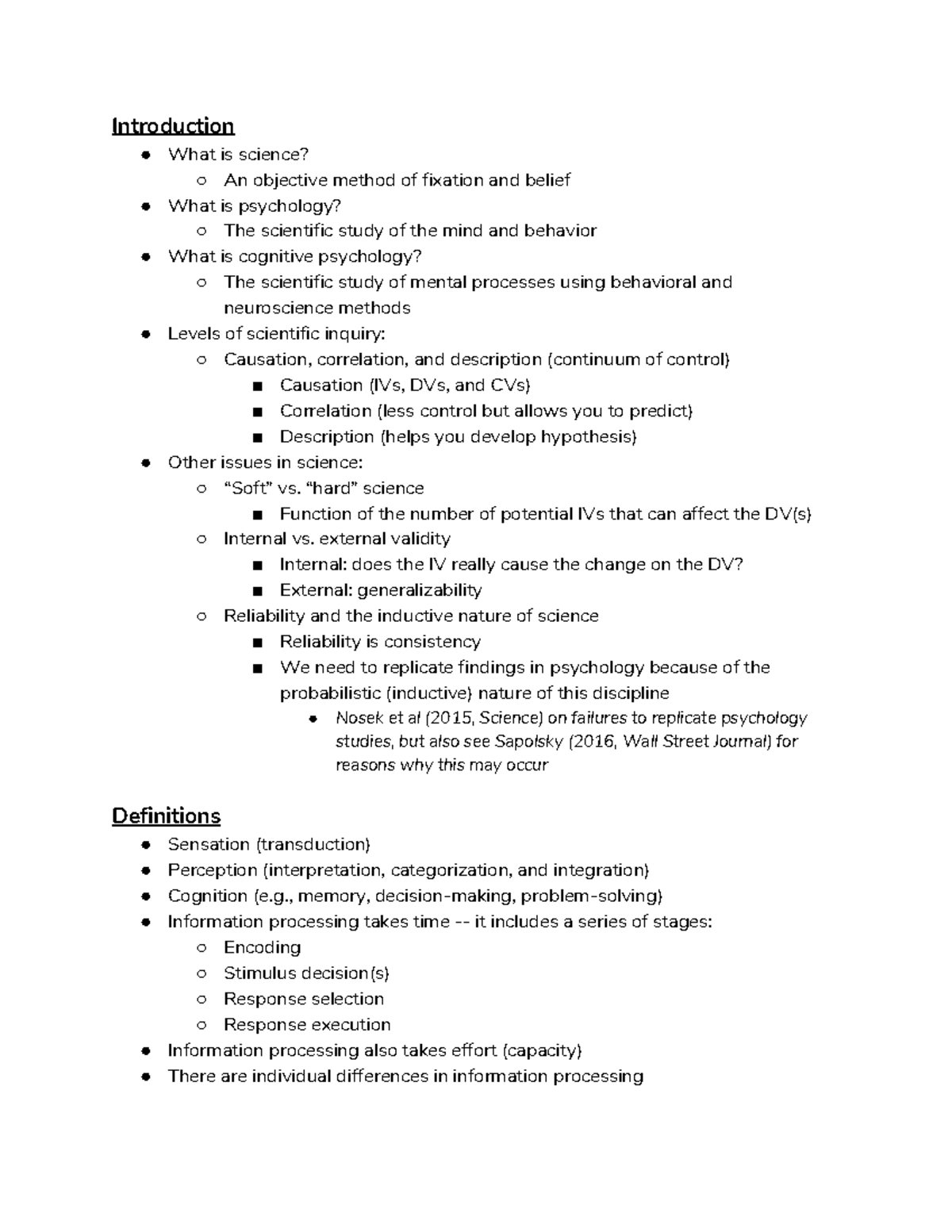 Chapter 1 (Cognitive Processes) - Introduction What is science? An ...