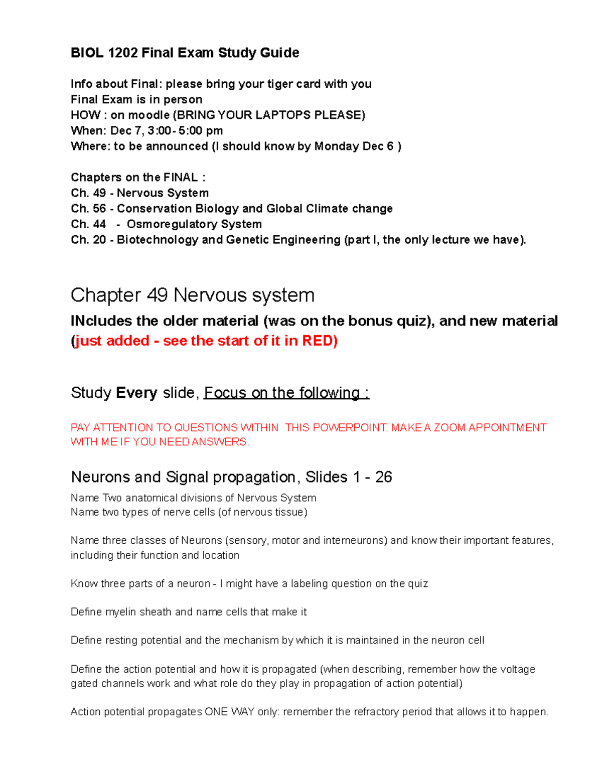 BIOL 1202 Final Exam Study Guide - BIOL 1202 Final Exam Study Guide Info about Final: please ...