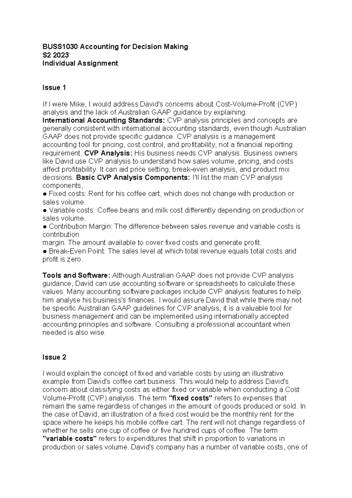 BUSS1030 assignment - BUSS1030 Accounting for Decision Making S2 2023 ...