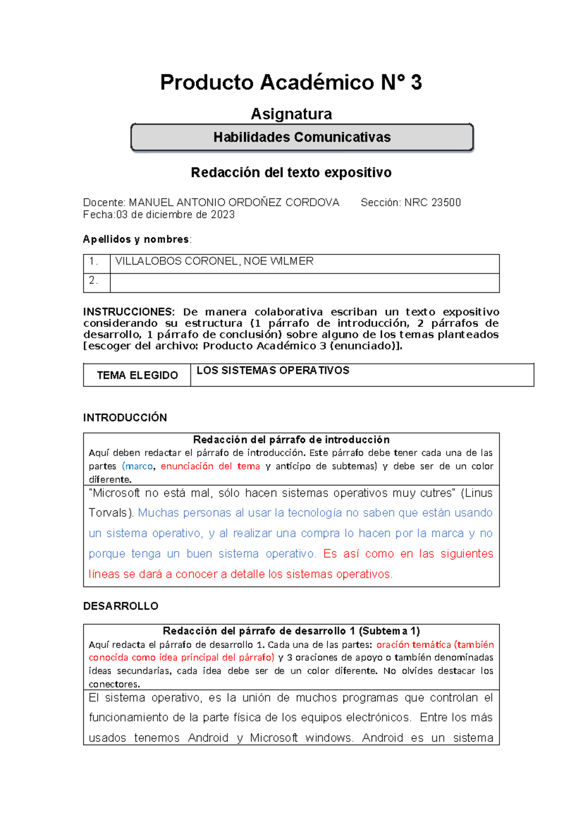 Producto Académico Nro 3 - Producto Académico N° 3 Asignatura Redacción del texto expositivo ...