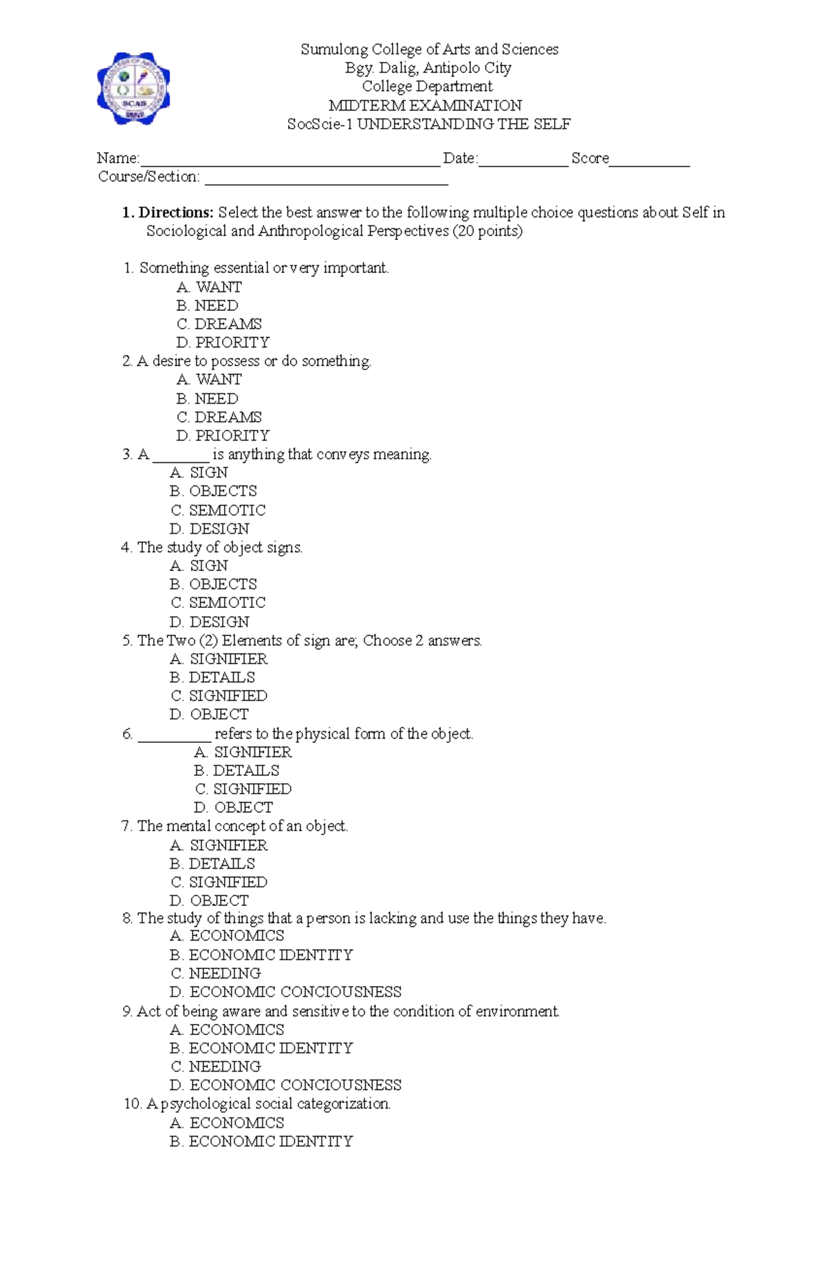 Understanding The Self PRE Final EXAM student copy - Sumulong College ...