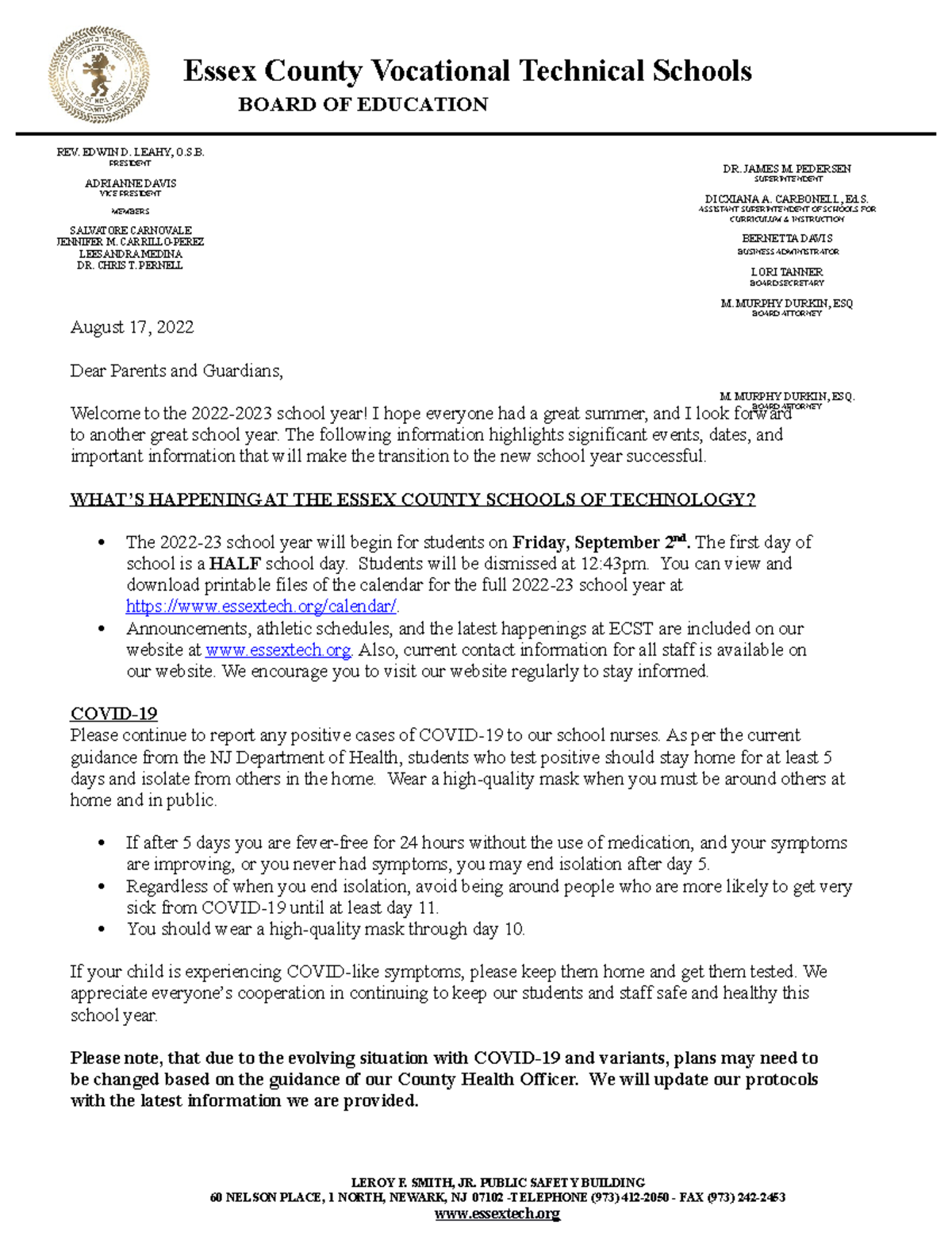 Welcome Back Letter 2022-2023SY - DR. JAMES M. PEDERSEN SUPERINTENDENT ...