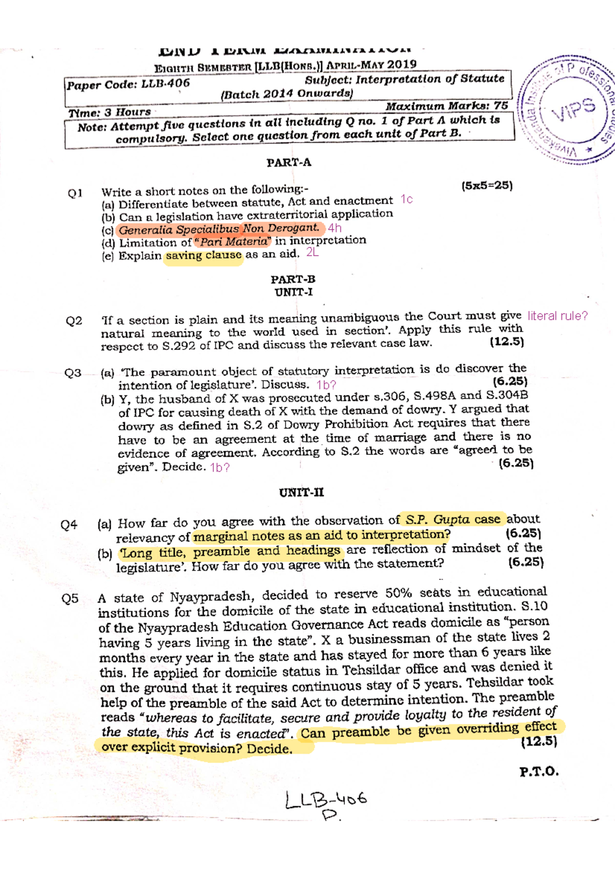 Interpreation of Statutes pyq - 1c 4h 2L 1b? 1b? literal rule? 1e - Studocu