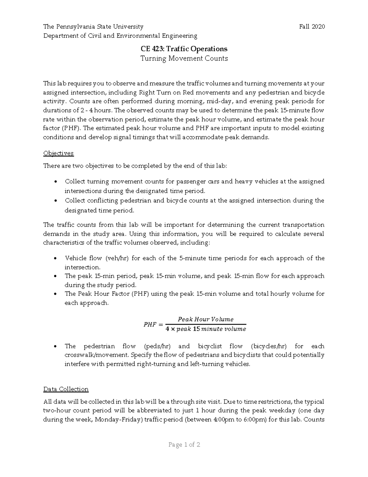 CE 423 - Lab 05 - Turning movement counts - The Pennsylvania State ...