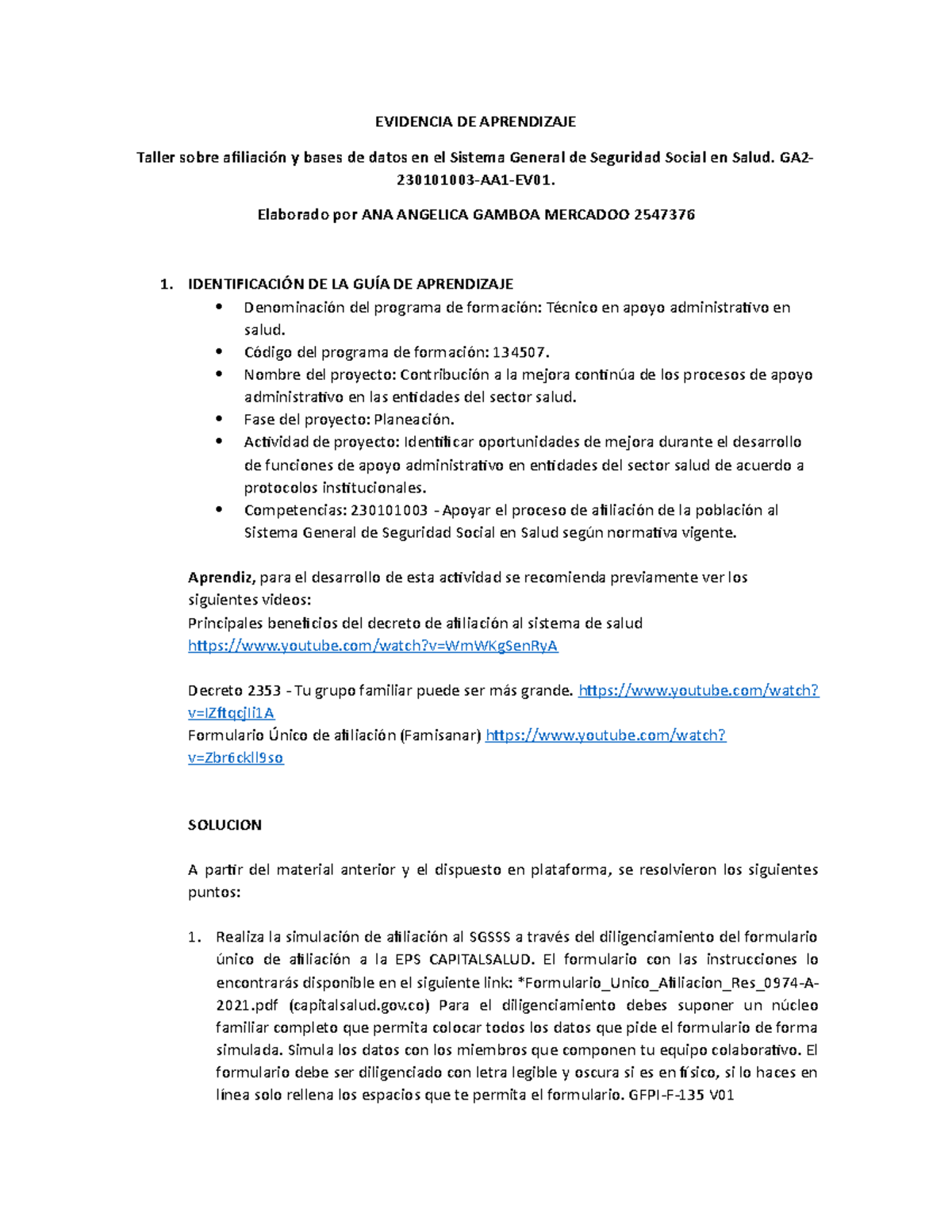 Evidencia De Aprendizaje Ana Evidencia De Aprendizaje Taller Sobre