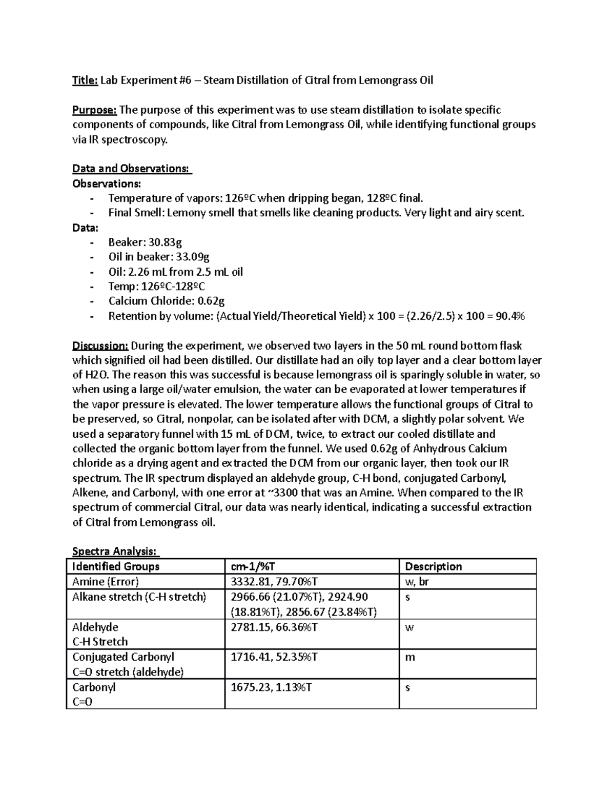 Lab Report Exp 6 - Organic Chemistry Lab - Title: Lab Experiment #6 ...