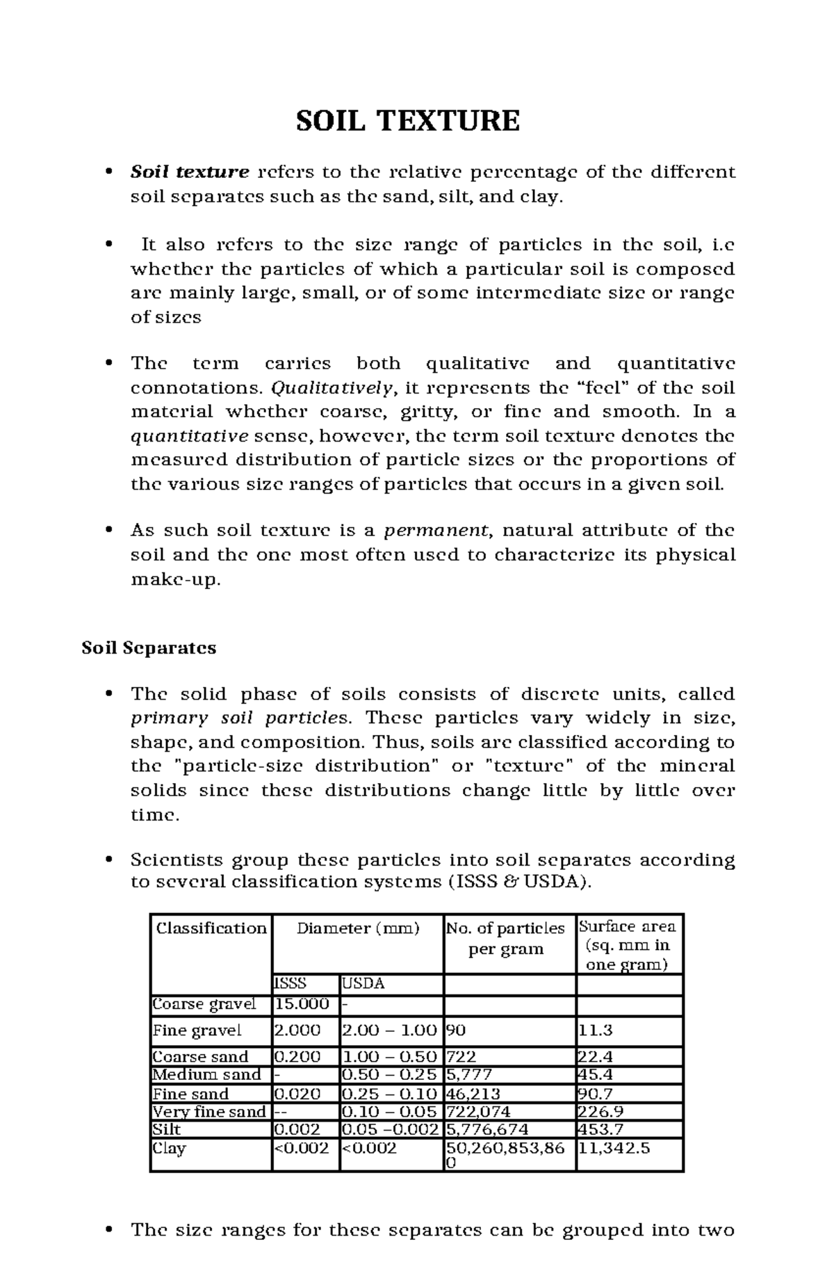SOIL Texture - Lecture Notes - SOIL TEXTURE Soil texture refers to the ...