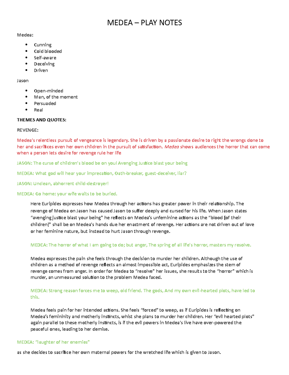 Medea play notes - Grade: 12 - MEDEA – PLAY NOTES Medea: Cunning Cold ...
