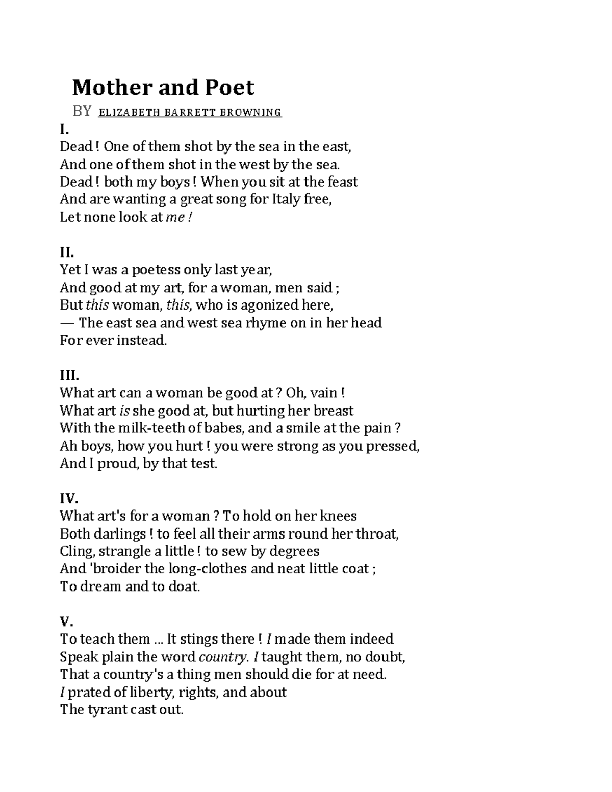 Narrative Poems for Analysis - Mother and Poet BY E L I Z A B E T H B A ...