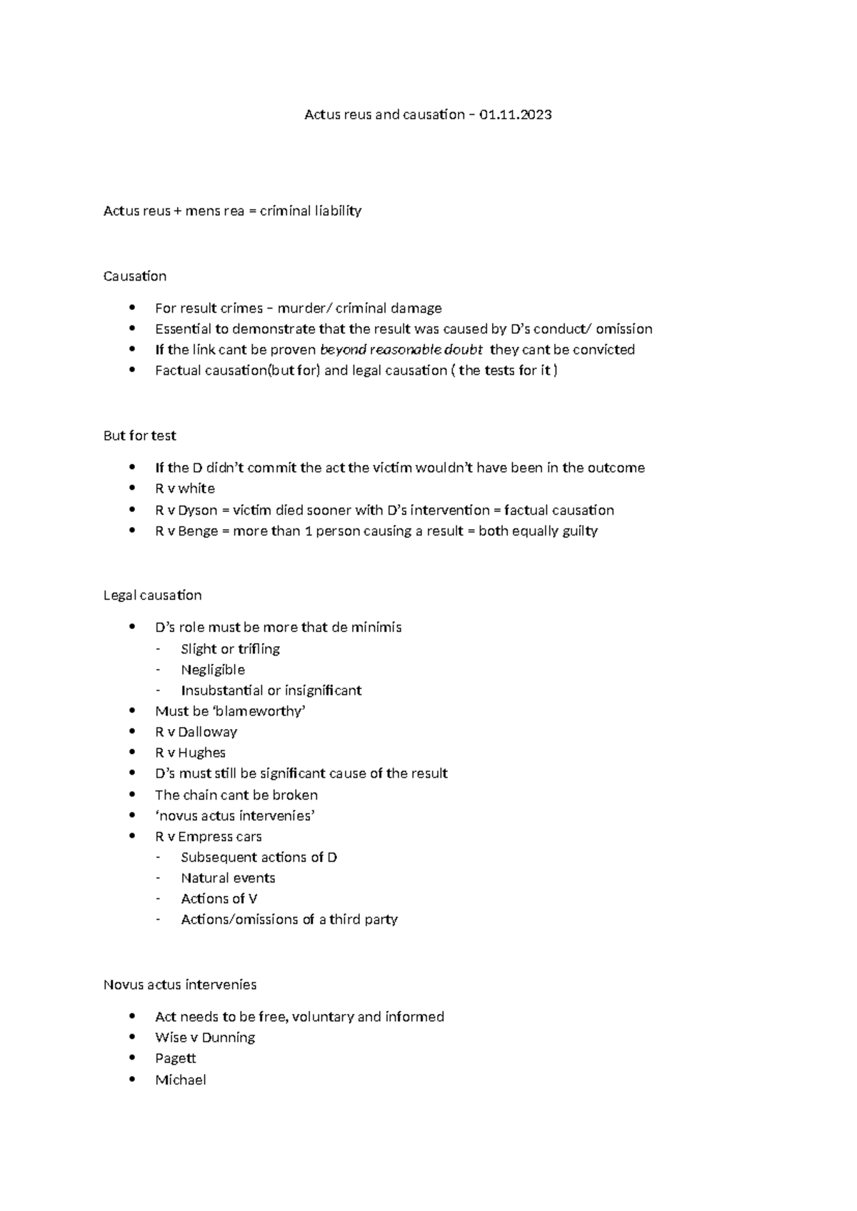 Actus Reus And Causation Actus Reus Mens Rea Criminal Liability Causation For Result