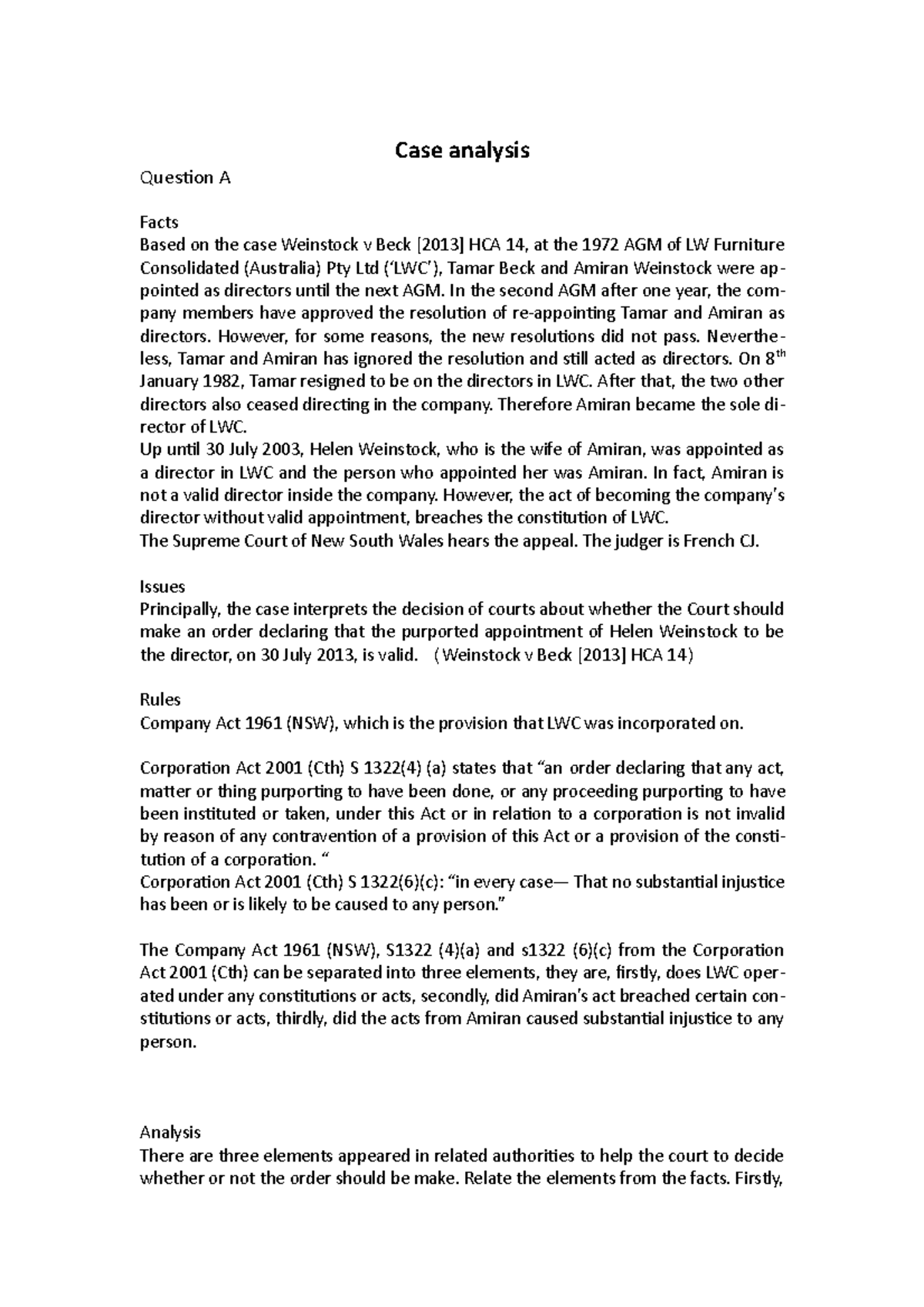 Group CLAW 2201Case Analysis S 12014 - Case analysis Question A Facts ...